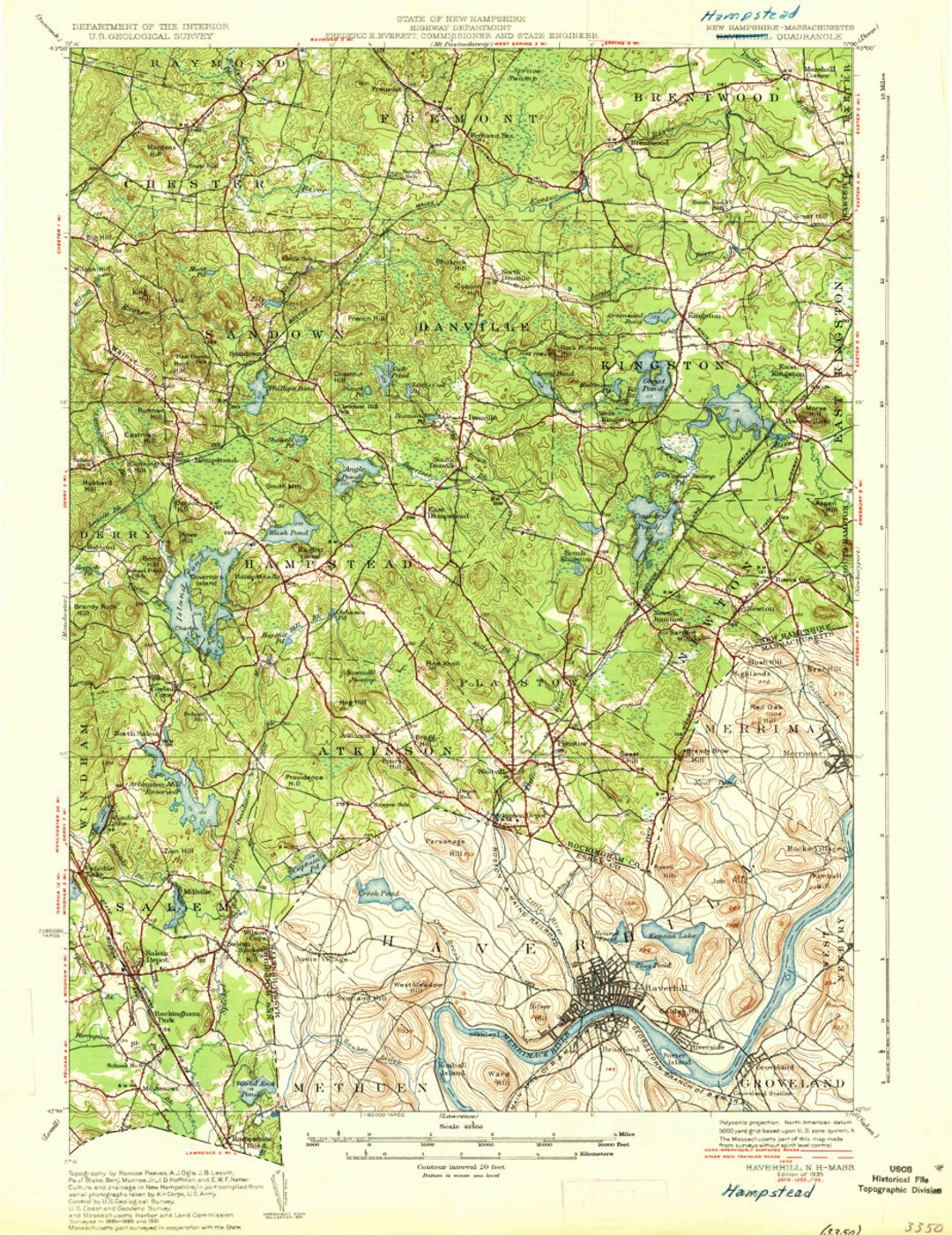 Haverhill 1935 1935a Old Topo Map Hampstead Plaistow Merrimac Methuen ...