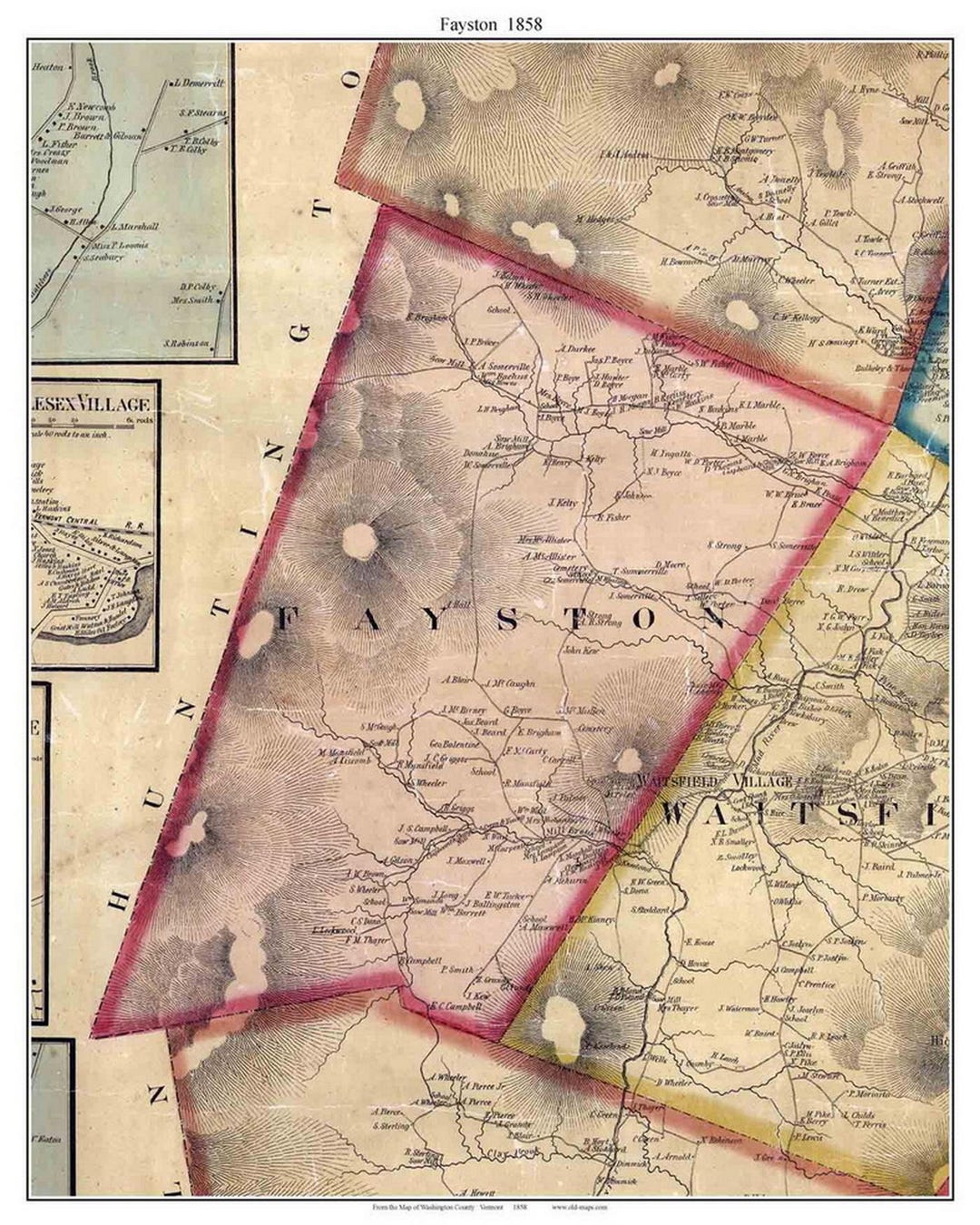 Fayston 1858 Old Town Map With Homeowner Names - Vermont - Washington ...