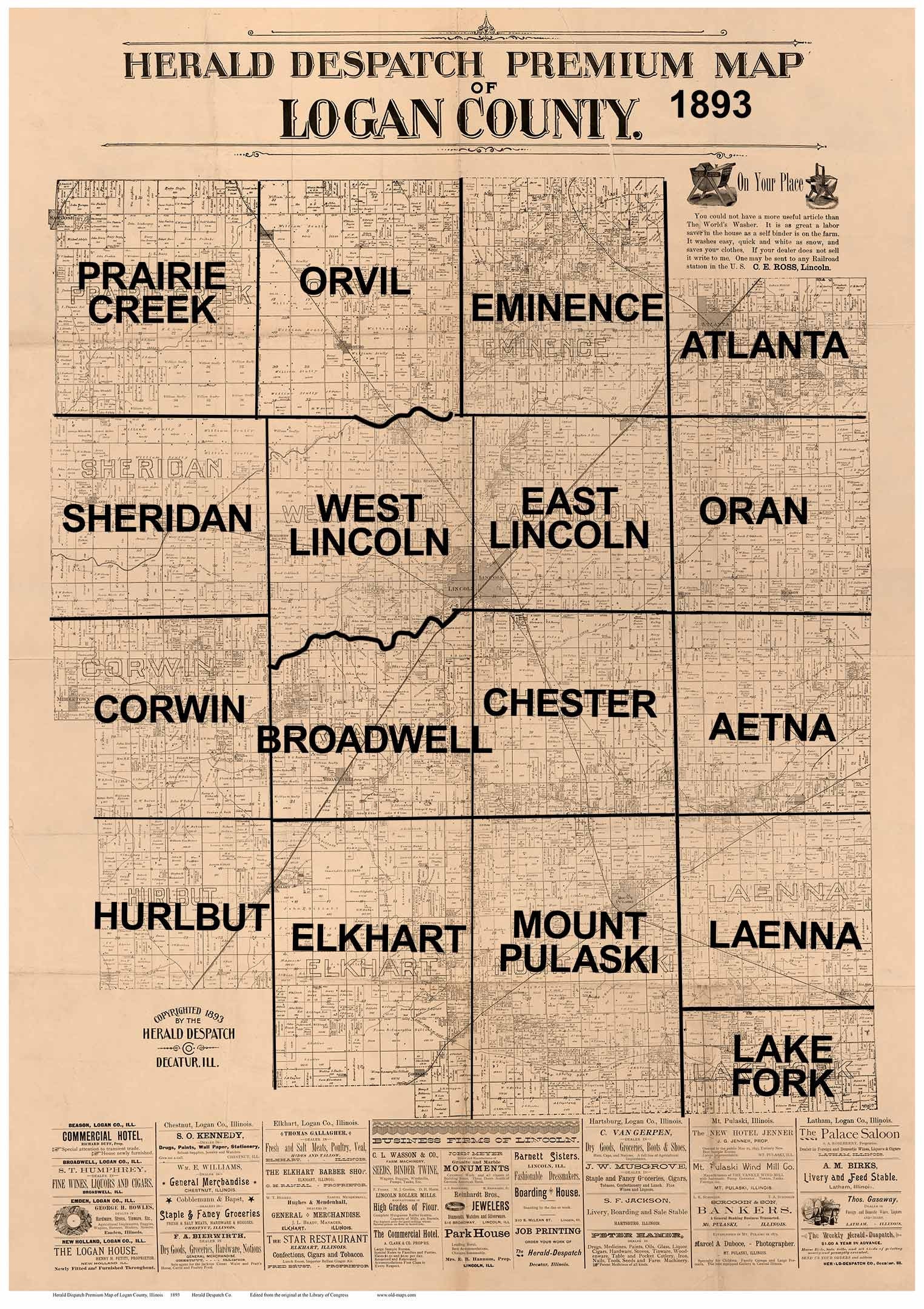Logan County Illinois 1893 - Old Wall Map Reprint With Homeowner Names ...