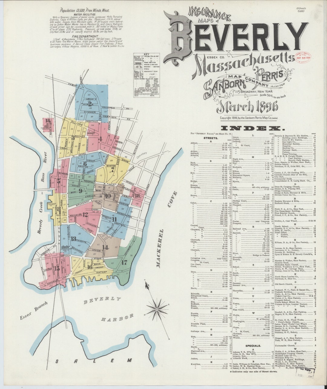 Beverley 1896 Old Map Fire Insurance MA Massachusetts - Reprint - Etsy