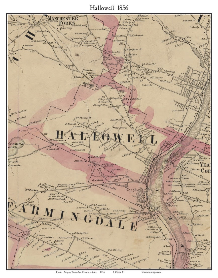 Hallowell 1856 Old Town Map With Homeowner Names Maine - Reprint ...