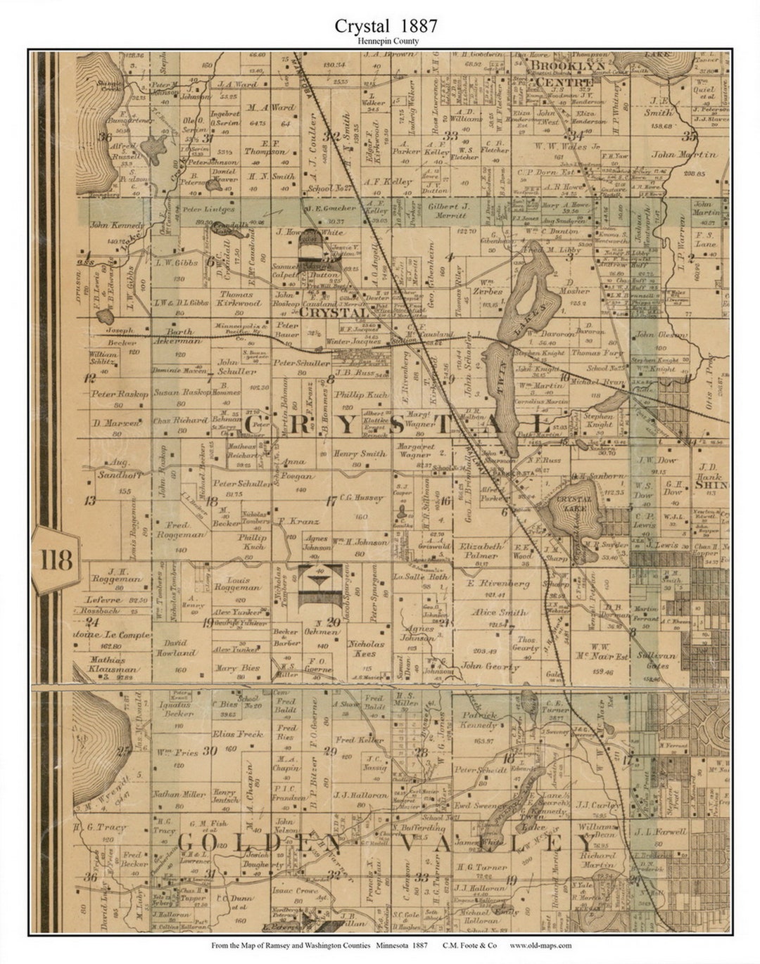 Crystal 1887 - Twin Lakes - Old Town Map With Homeowner Names Minnesota ...