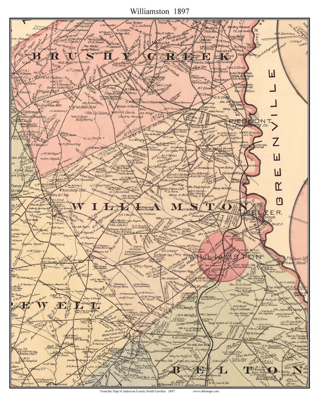 Williamston 1897 Old Town Map With Homeowner Names South Carolina ...