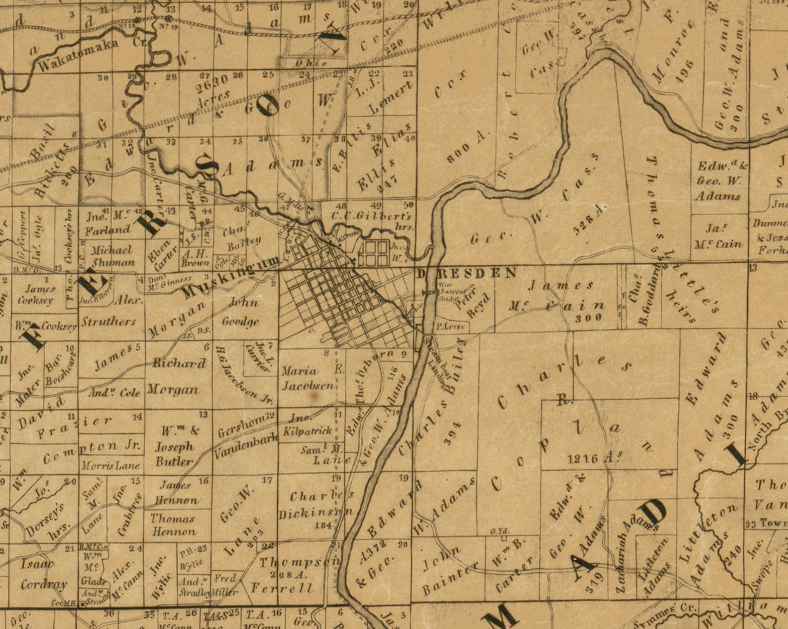 Muskingum County Ohio 1852 - Old Wall Map Reprint With Homeowner Names ...
