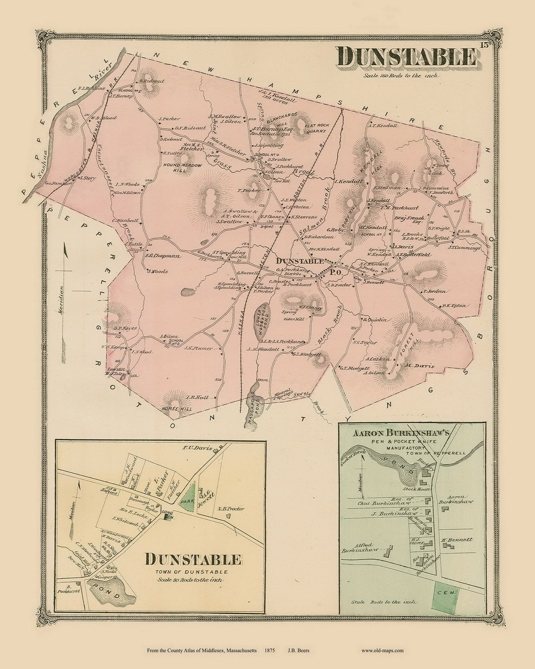 Dunstable 1875 Old Town Map Reprint Middlesex County, Massachusetts ...