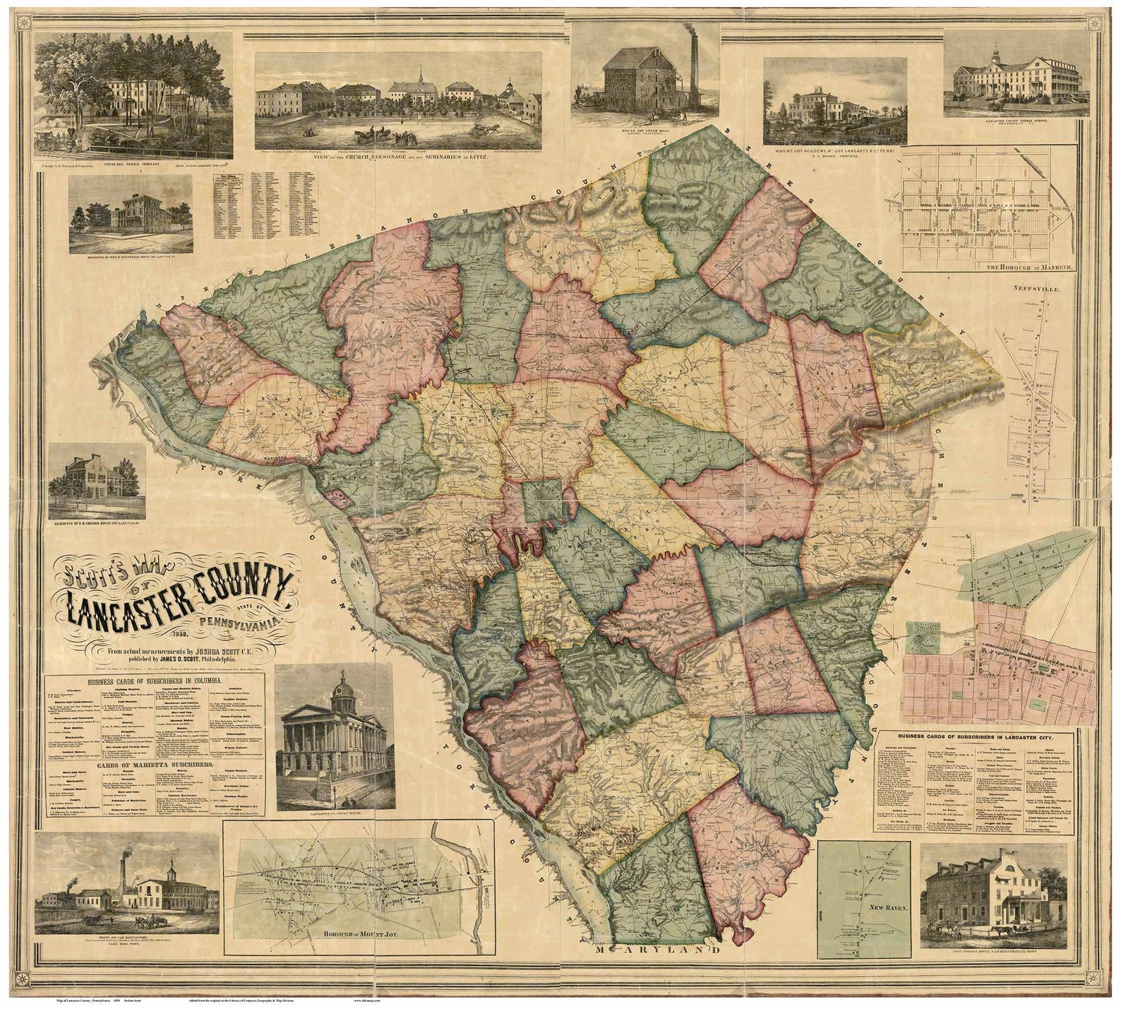Lancaster County Pennsylvania 1858 Old Wall Map With - Etsy