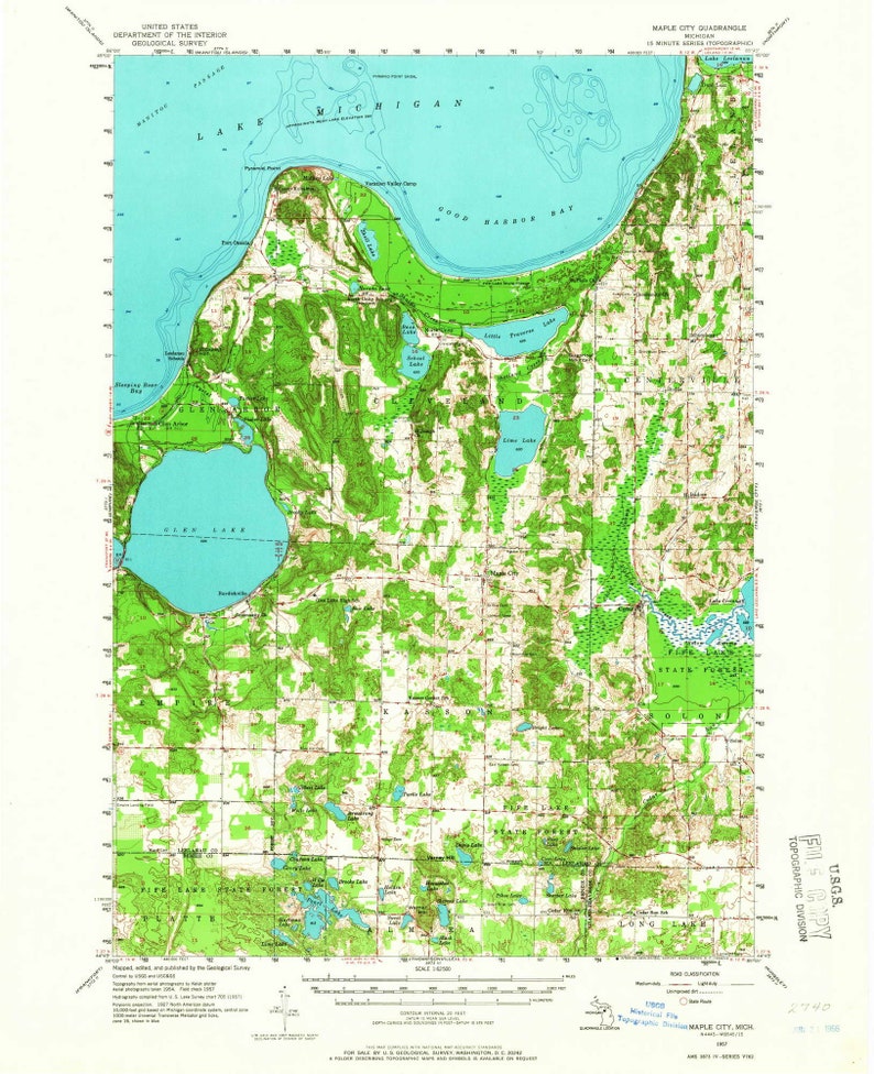 Maple City 1957 1966 Old Topo Map Glann Lake Good Harbor - Etsy