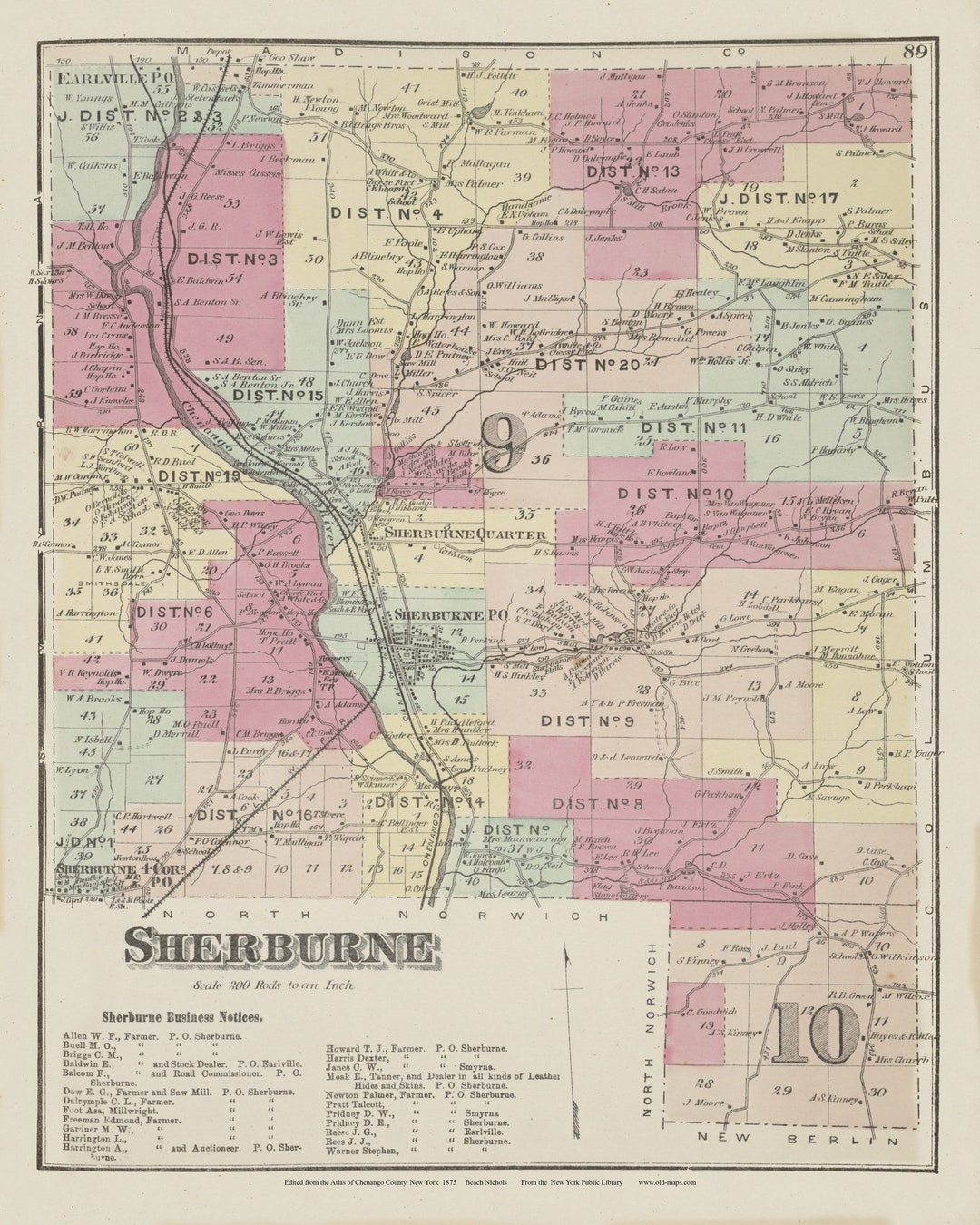 Sherburne 1875 Old Map Homeowner Names Reprint Chenango Co Beers Atlas ...