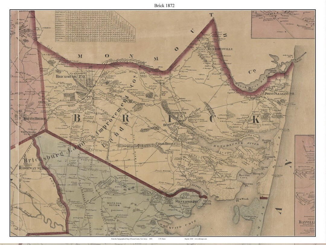 Brick 1872 Old Town Map With Homeowner Names Metedeconk River - Etsy