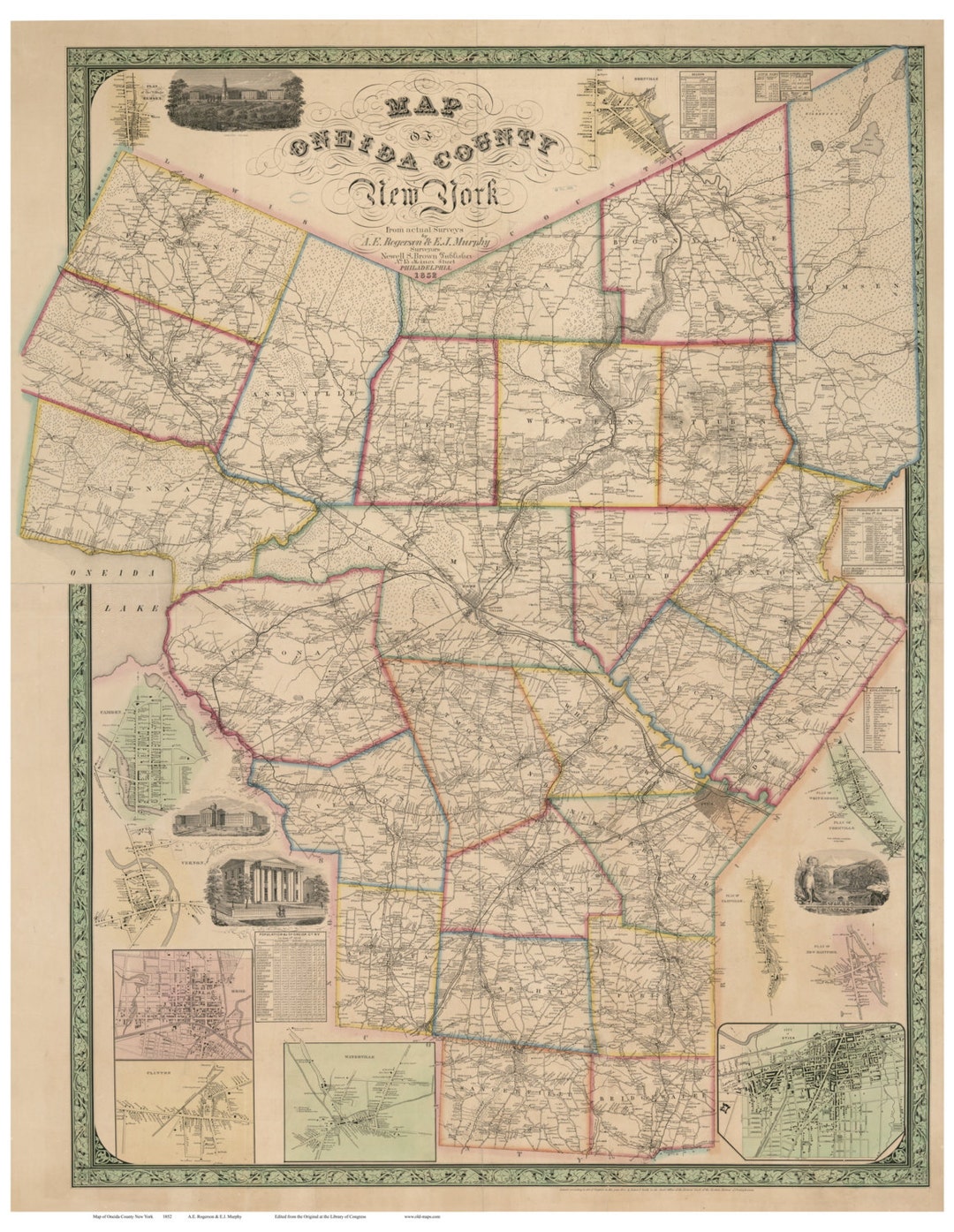 Oneida County New York 1852 - Old Wall Map Reprint With Homeowner Names ...