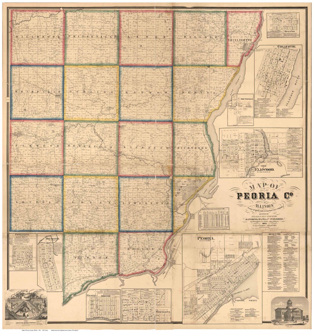 Peoria County Illinois 1861 - Old Wall Map Reprint With Homeowner Names ...
