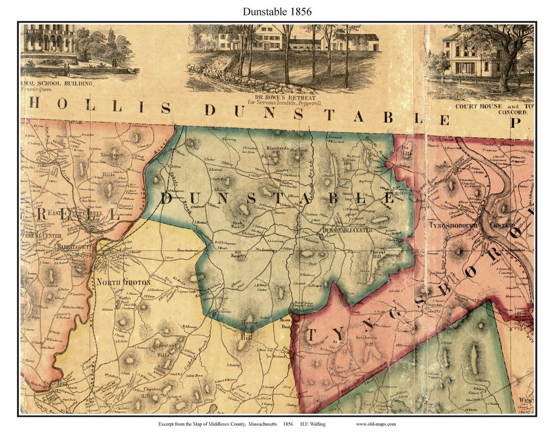 Dunstable 1856 Old Town Map With Homeowner Names Massachusetts ...
