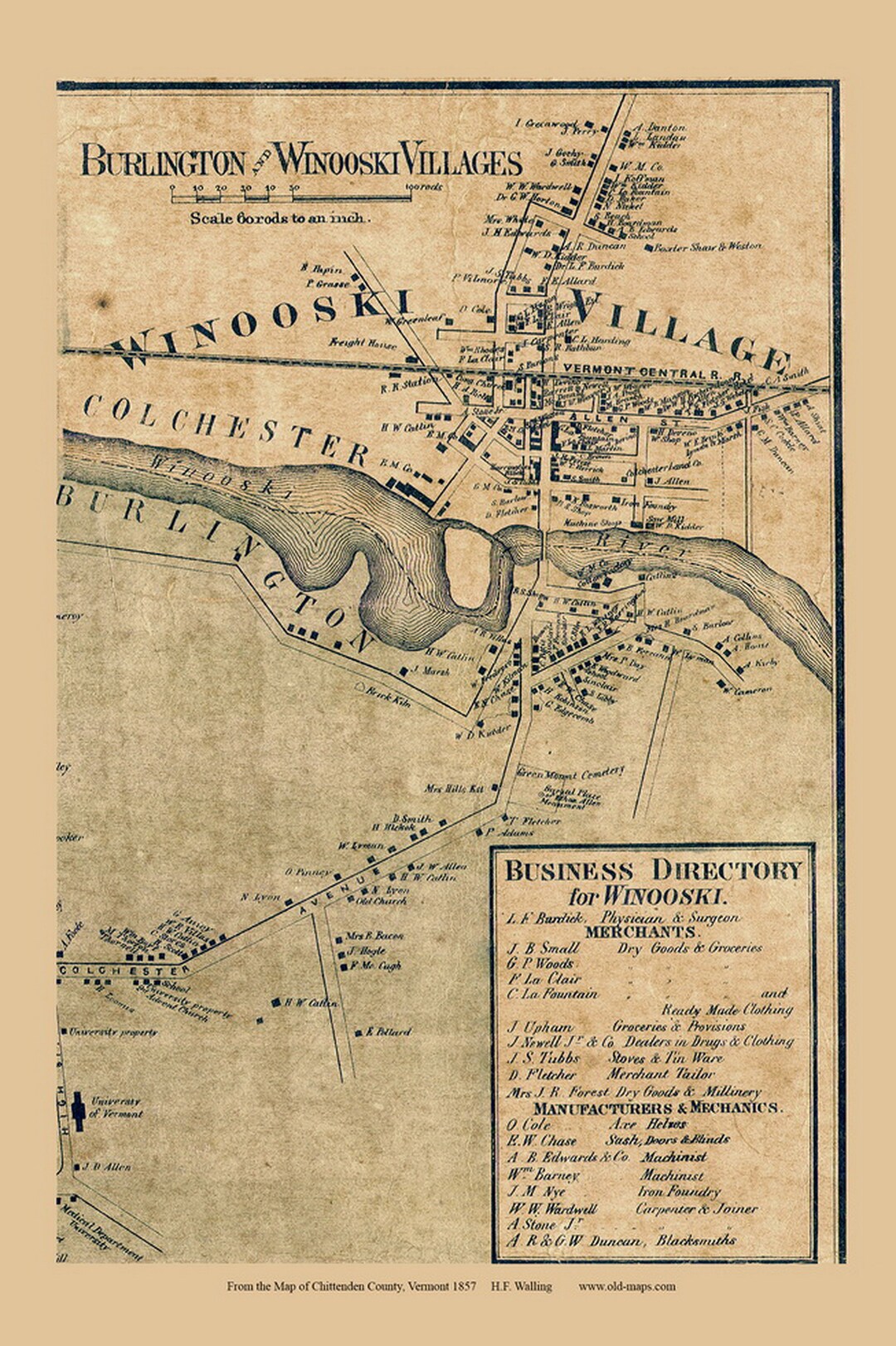 Colchester Winooski Villages 1857 Old Town Map With Homeowner Names ...