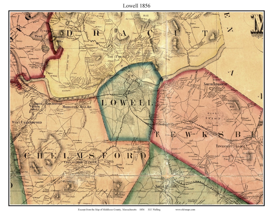 Lowell 1856 Old Town Map With Homeowner Names Massachusetts - Reprint ...