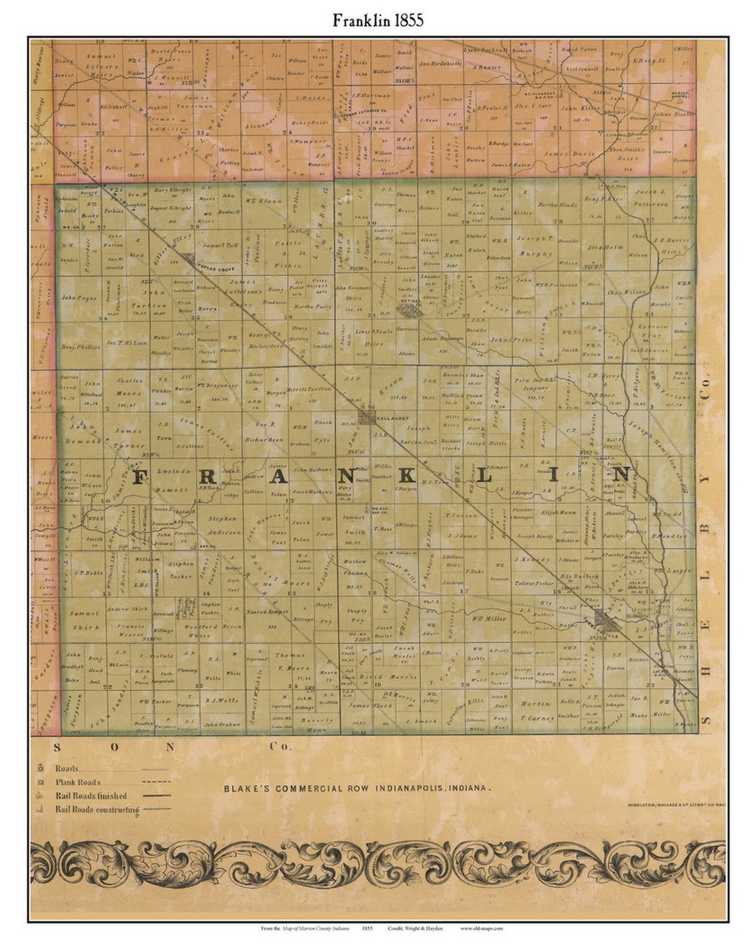 Franklin 1855 Old Town Map With Homeowner Names Indiana Gallaudet ...
