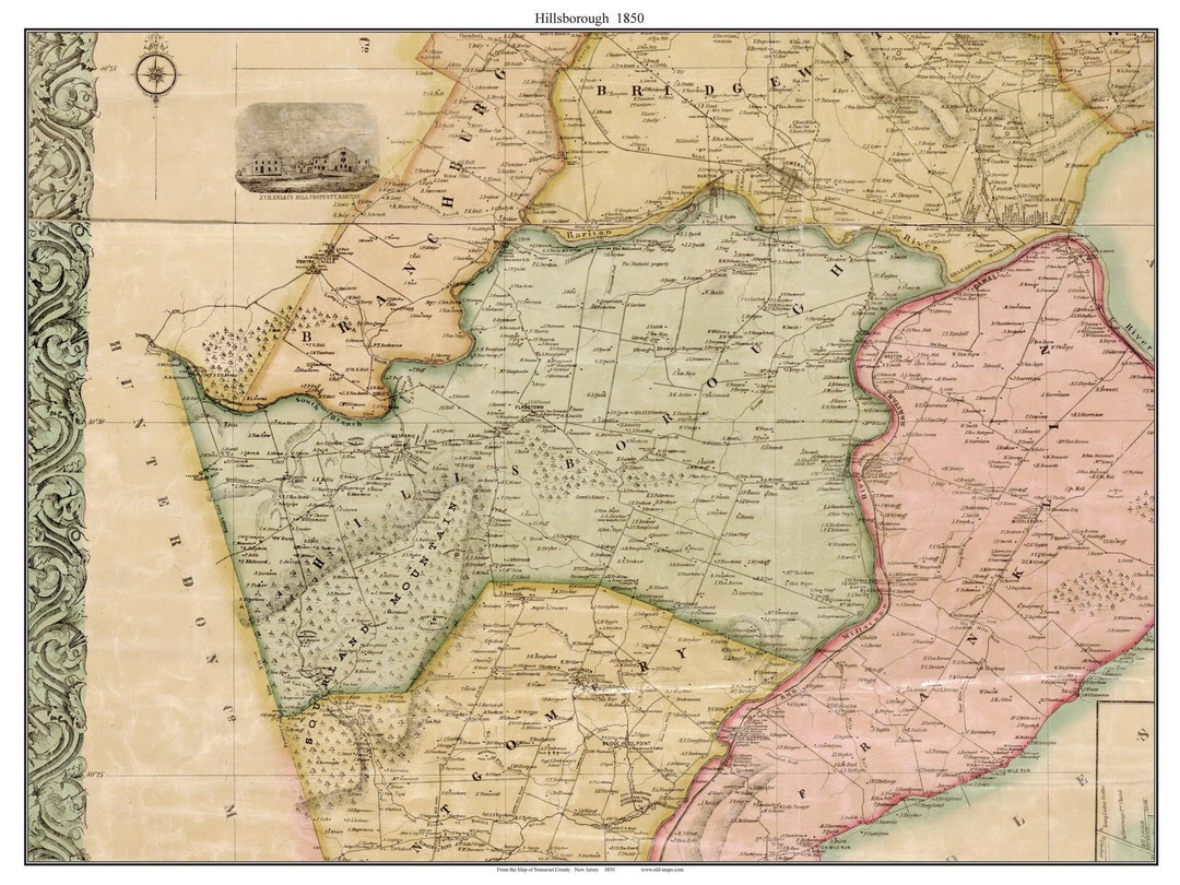 Hillsborough 1850 Old Town Map With Homeowner Names Somerset County New ...