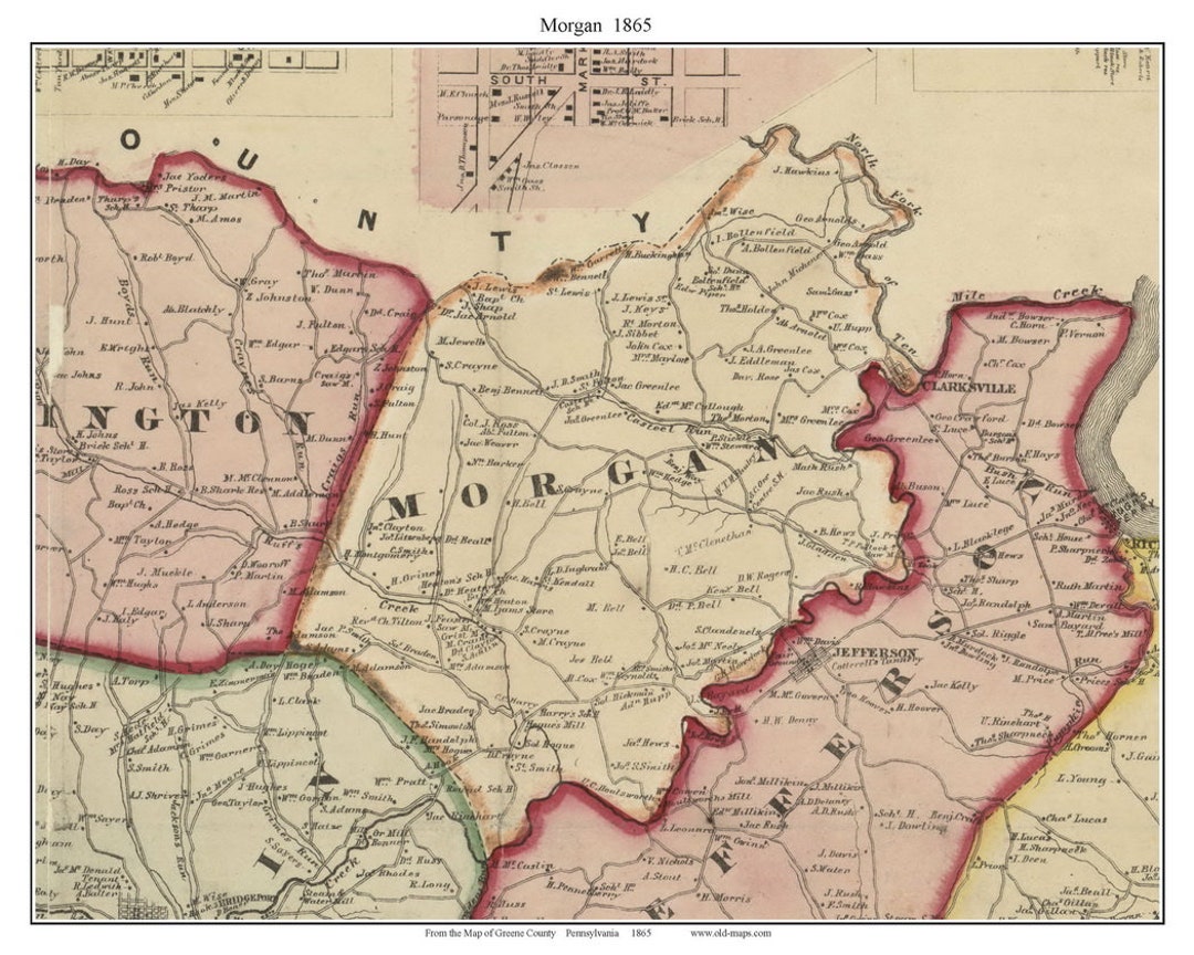 Morgan 1865 - Old Town Map - Pennsylvania - Reprint Genealogy - Greene ...
