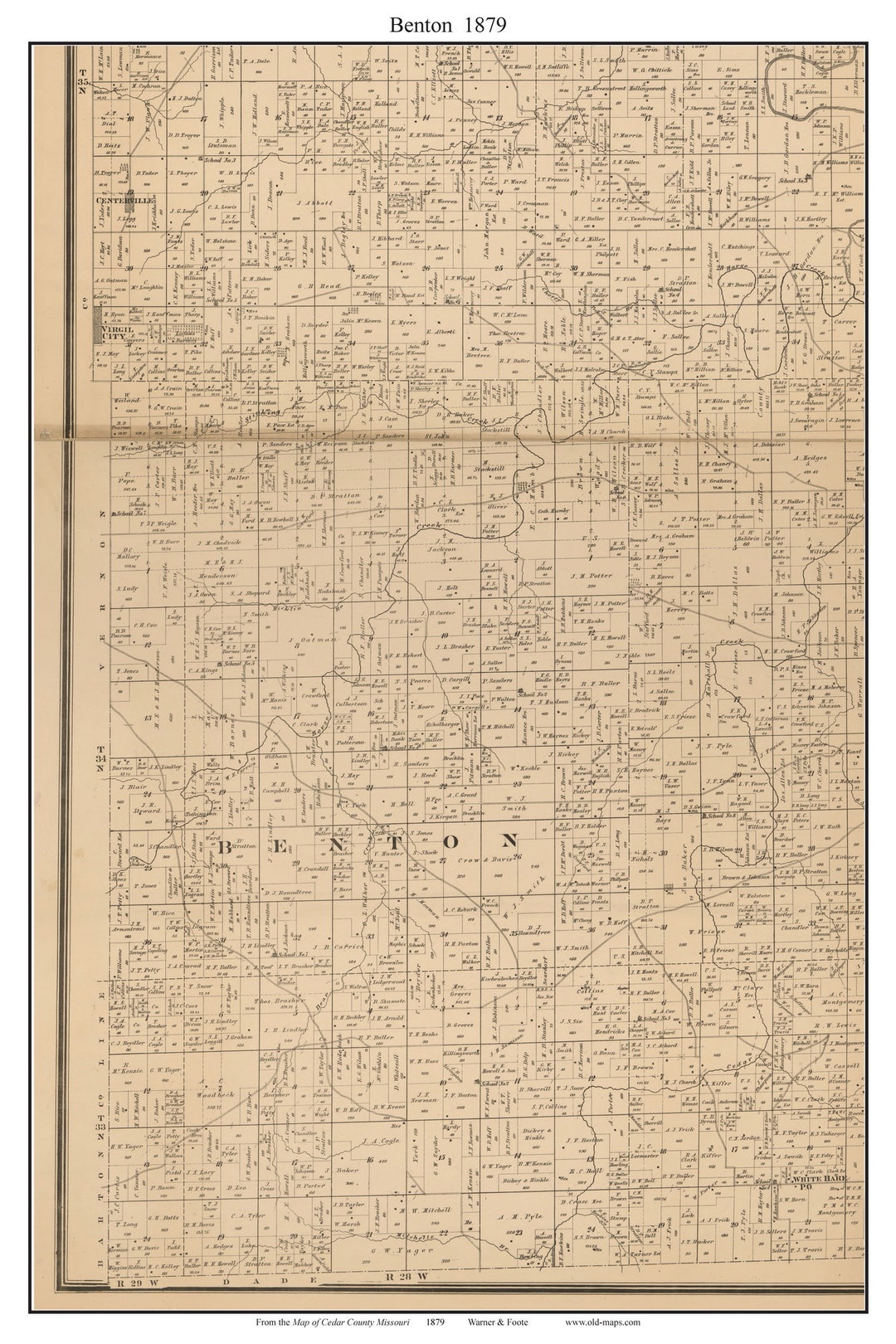 Benton 1879 Old Town Map With Homeowner Names Missouri Cedar County ...