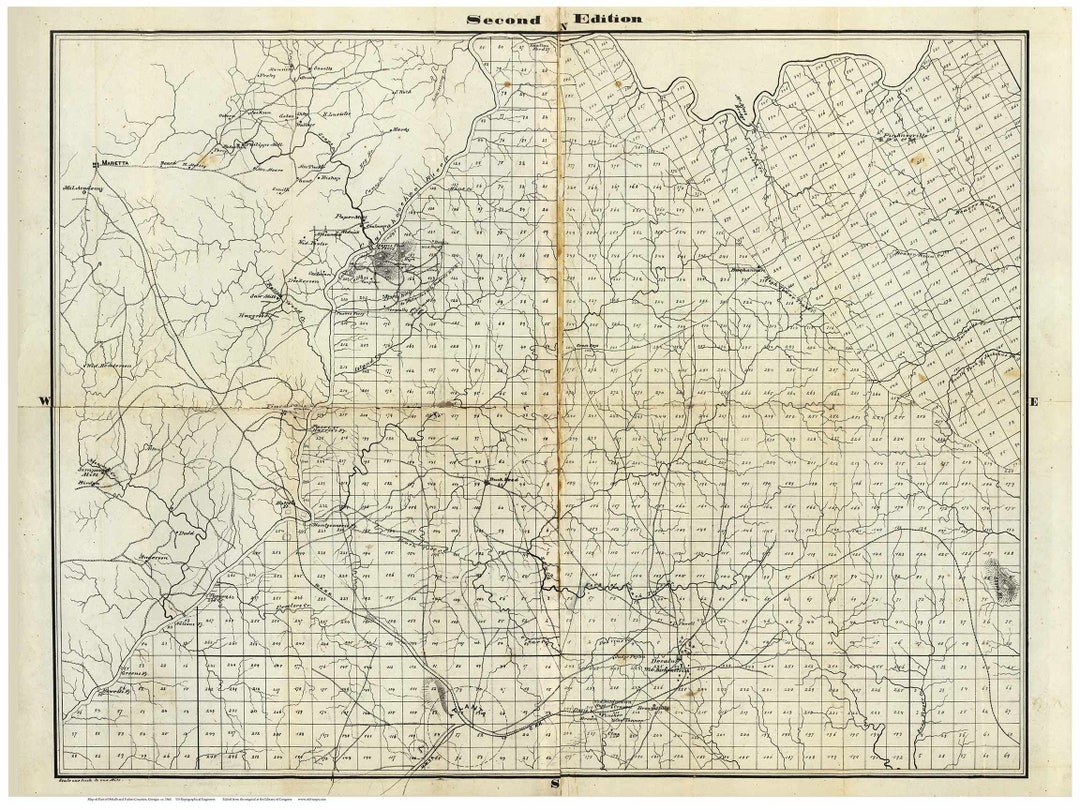Parts of Dekalb and Fulton Counties Old 1864 Map Georgia - County Wall ...