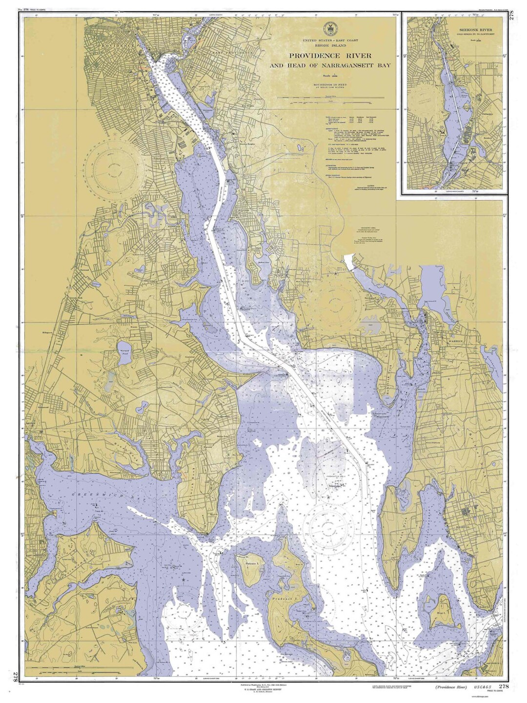 Providence River RI - 1946 Nautical Map by the USCGS - Reprint Harbors ...