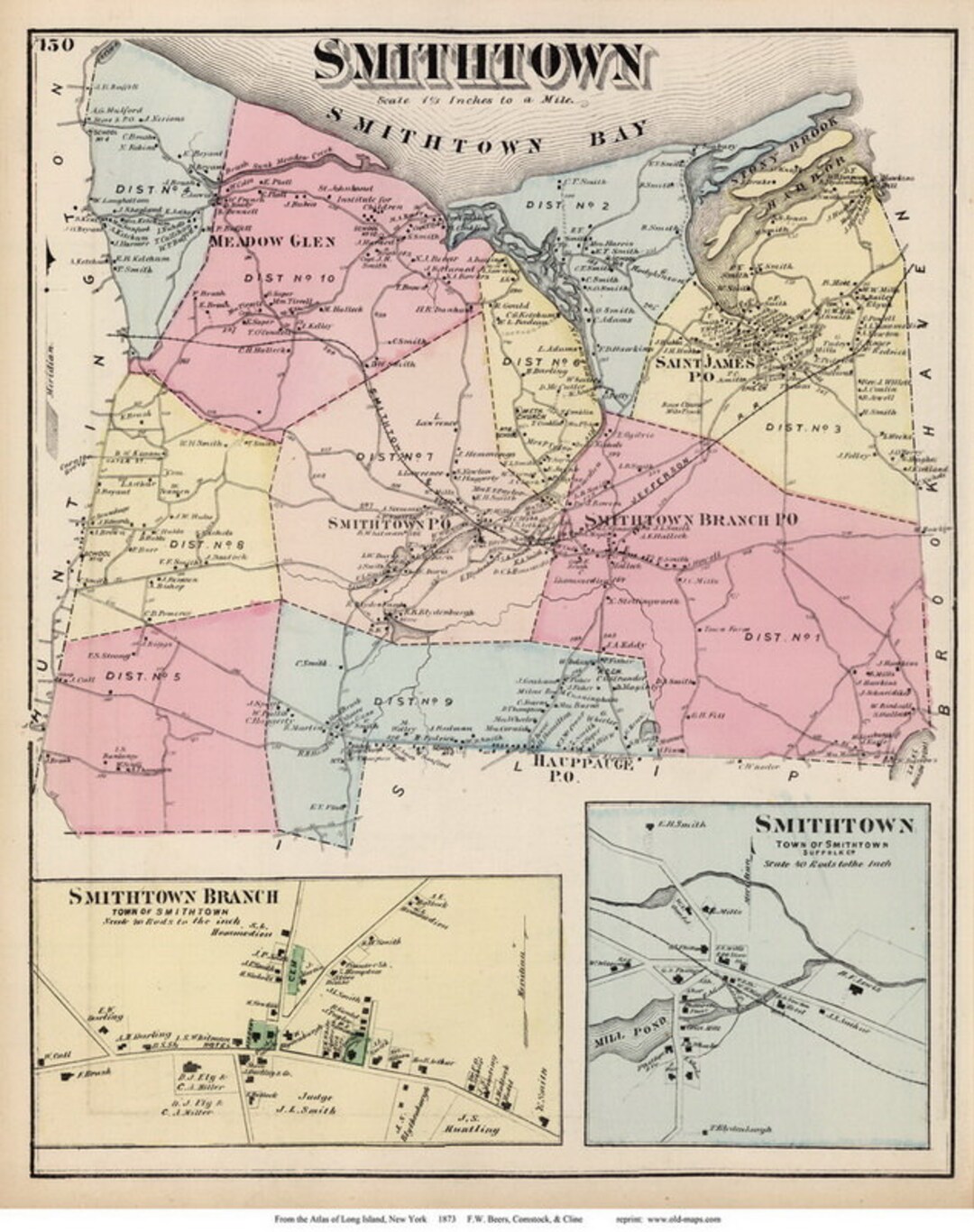 Smithtown Long Island 1873 Old Map Long Island New York With Homeowner ...