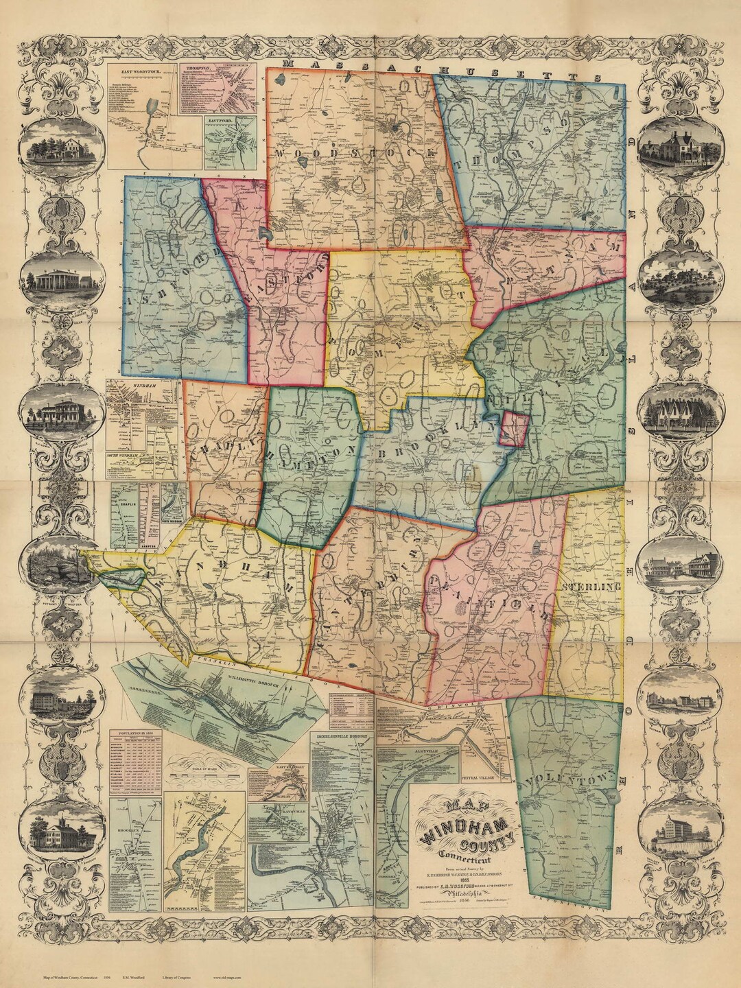 Windham County Connecticut 1856 - Old Wall Map Reprint With Homeowner ...