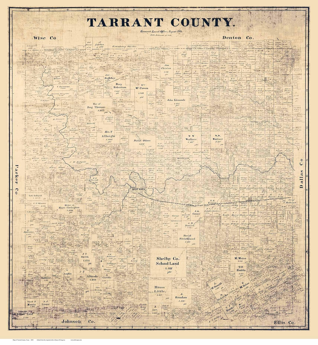 Tarrant County, Texas - 1895 - Old Wall Map Reprint With Land Owners ...