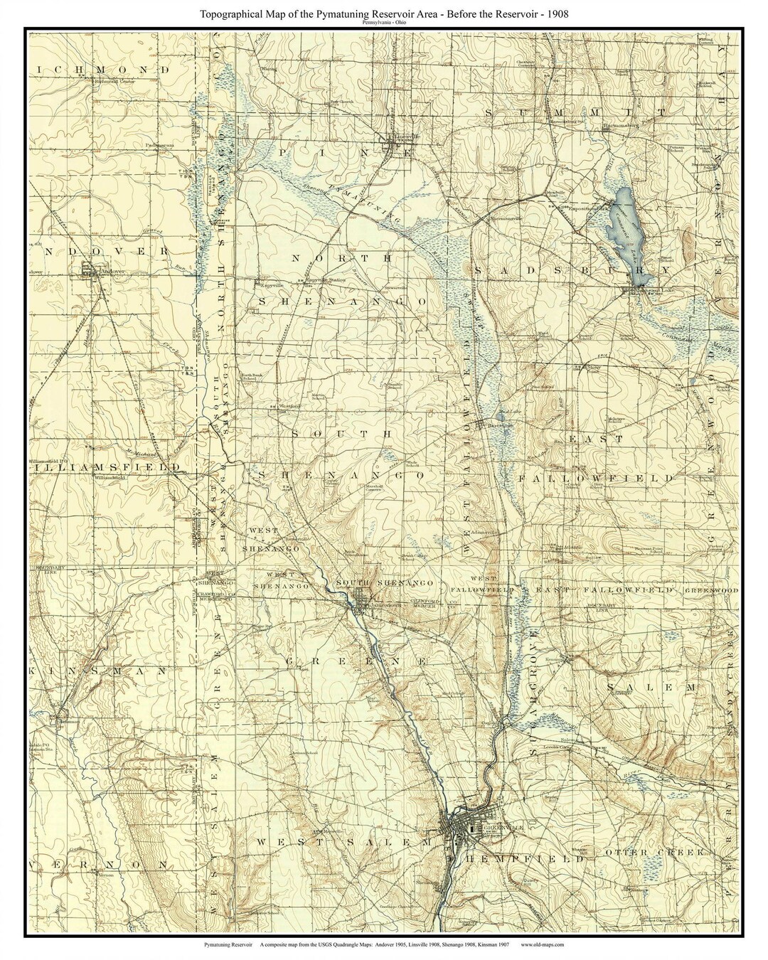 Pymatuning Reservoir 1908 Before the Reservoir Old Topographic Map USGS ...