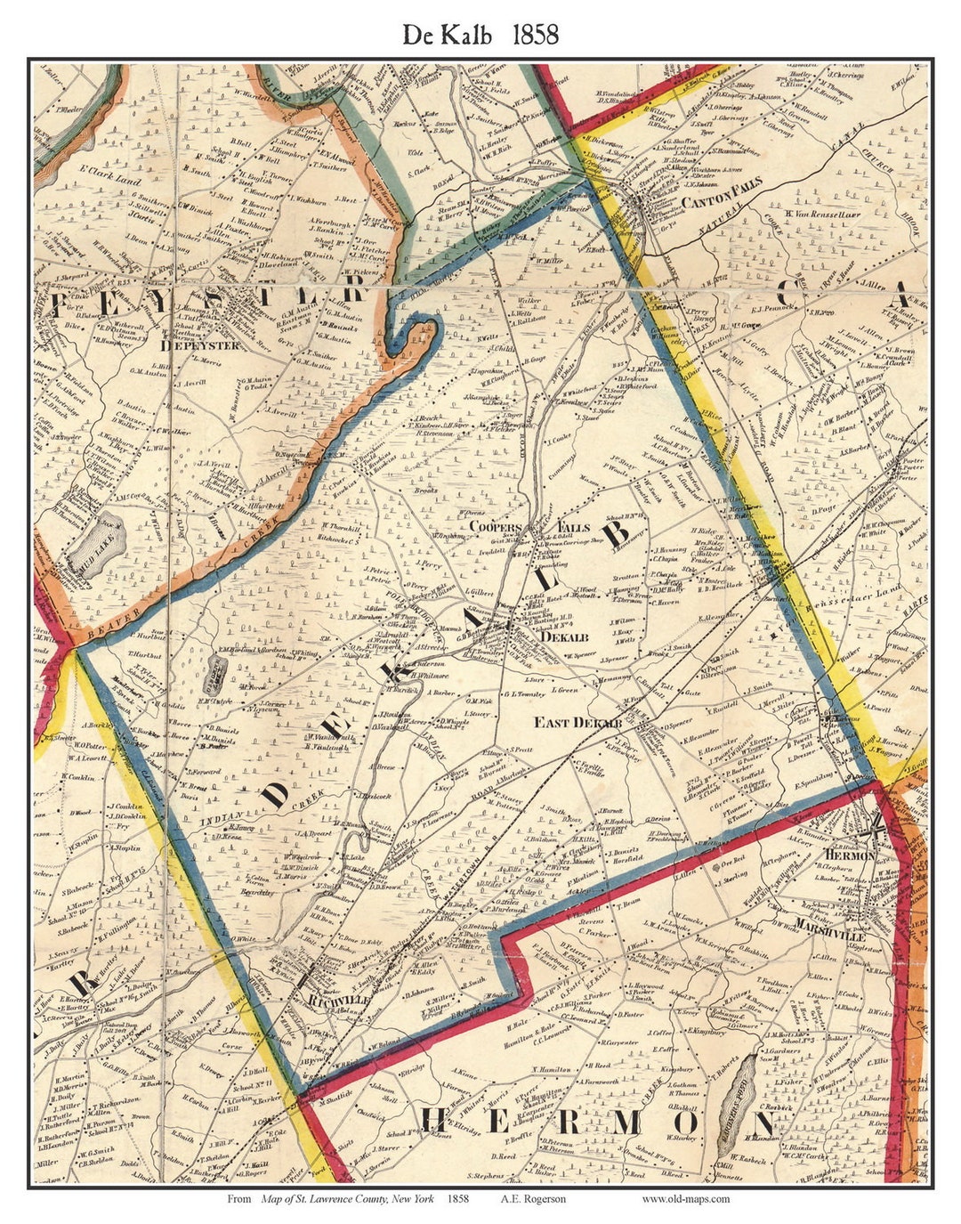Dekalb 1858 Old Town Map With Homeowner Names New York - Reprint ...