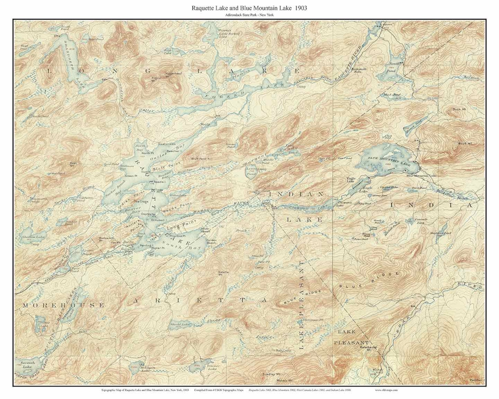 Raquette Lake and Blue Mountain Lake 1903 USGS Old Topographic Map ...