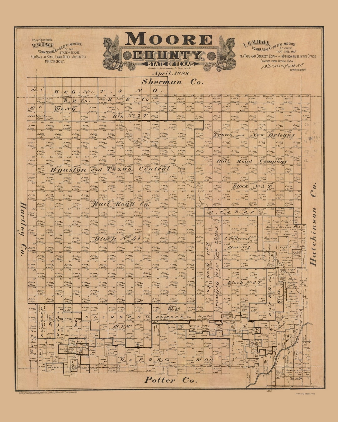 Moore County, Texas - 1888 - Old Wall Map Reprint With Land Owners ...