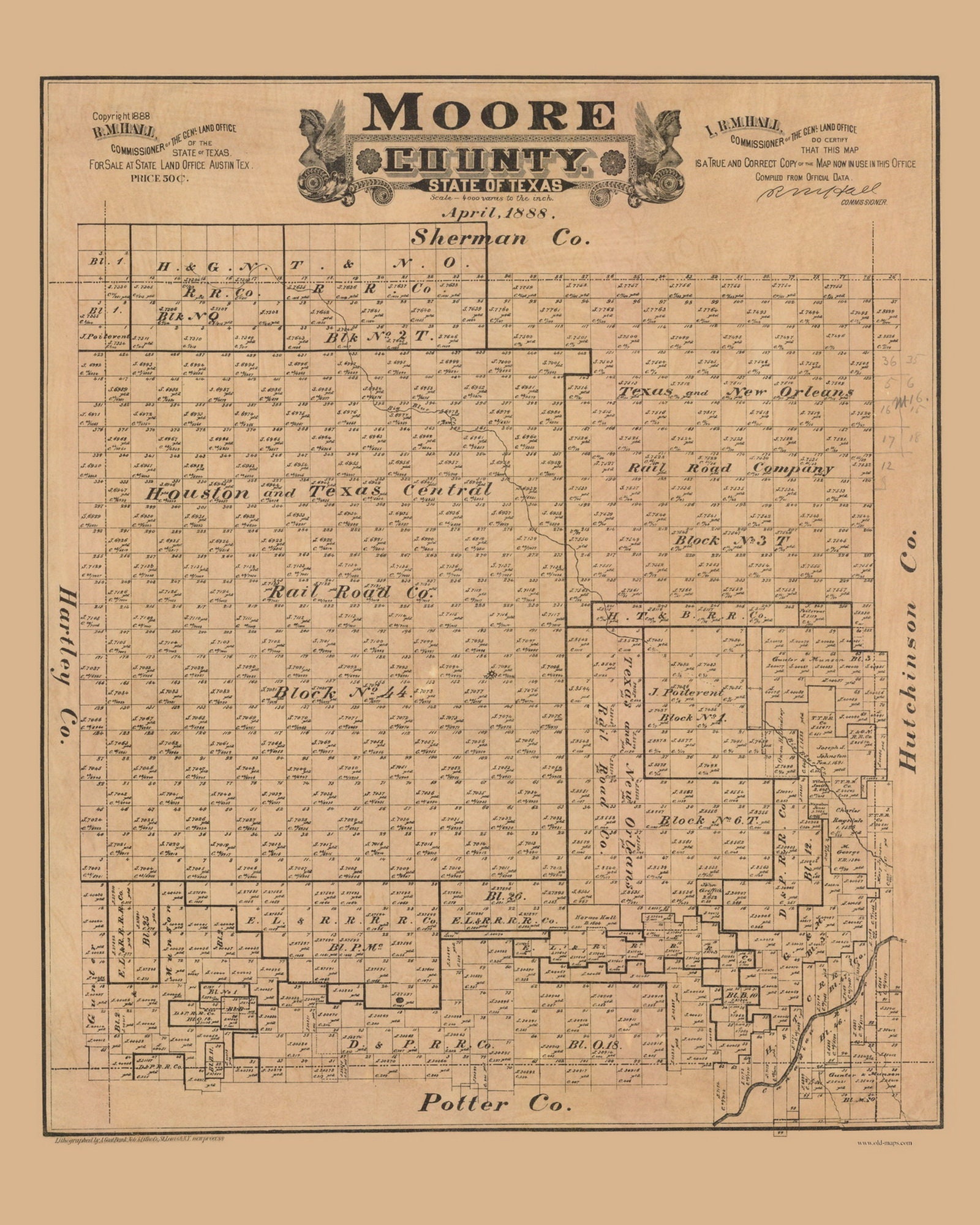 Moore County, Texas - 1888 - Old Wall Map Reprint With Land Owners ...
