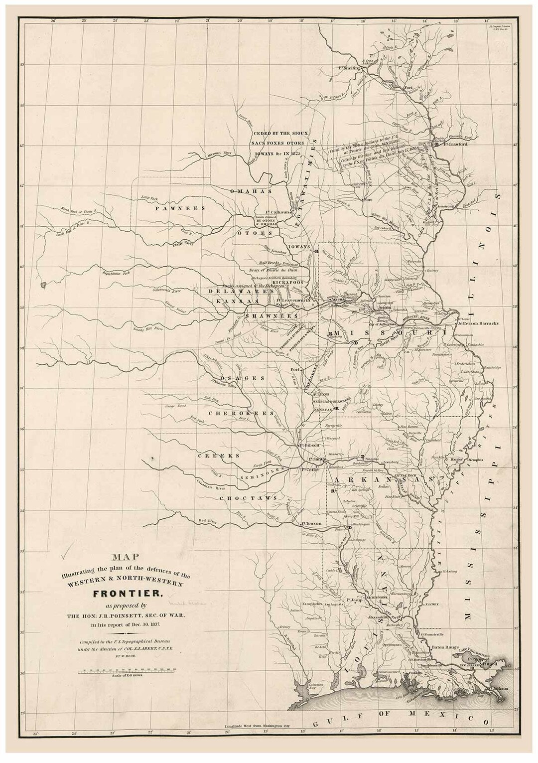 Defences Western Frontier 1837 Old Map Indian Territory and Mississippi ...