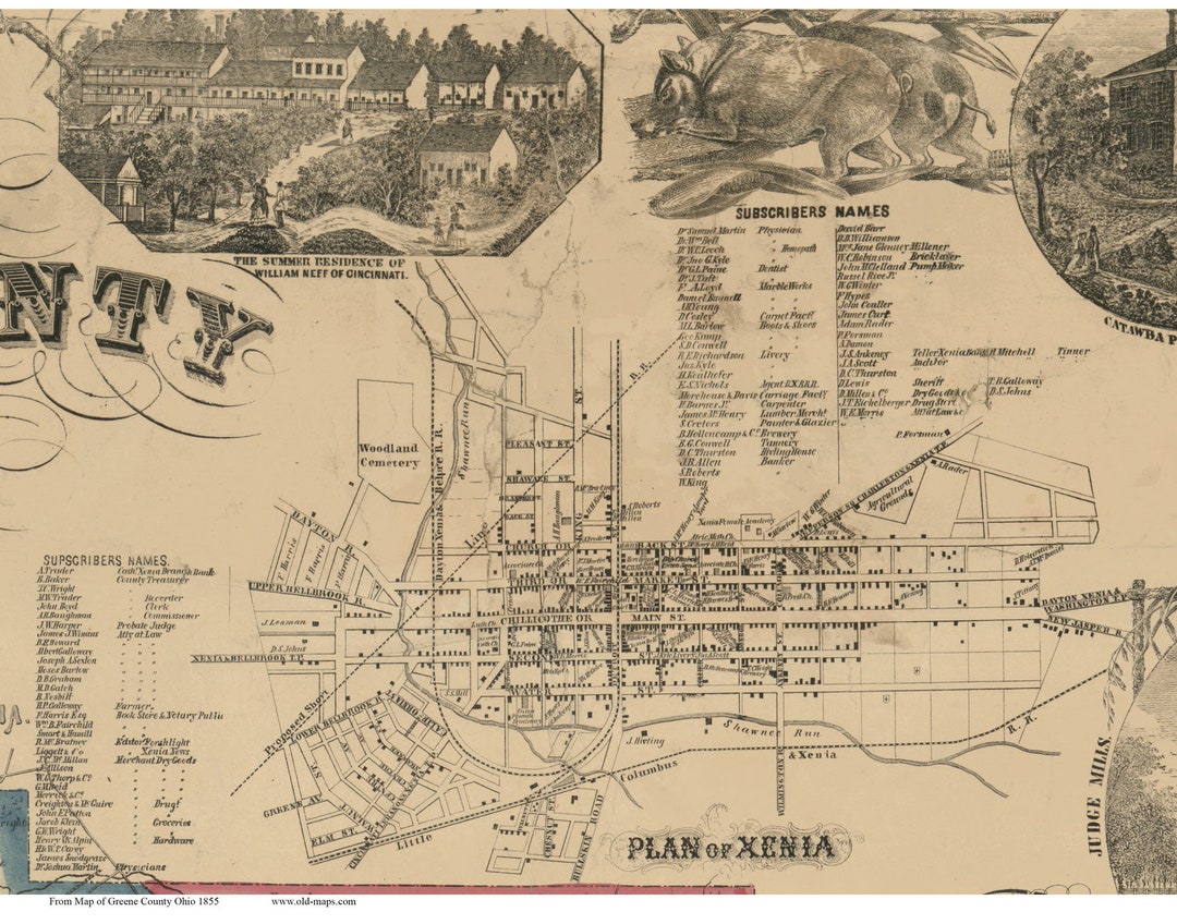 Xenia Village, Xenia 1855 Old Town Map With Homeowner Names - Ohio ...