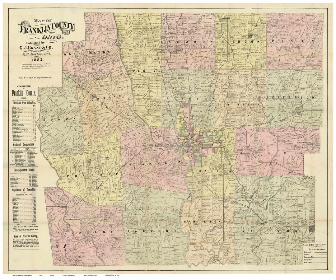 Franklin County Ohio 1883 - Old Wall Map Reprint With Homeowner Names ...