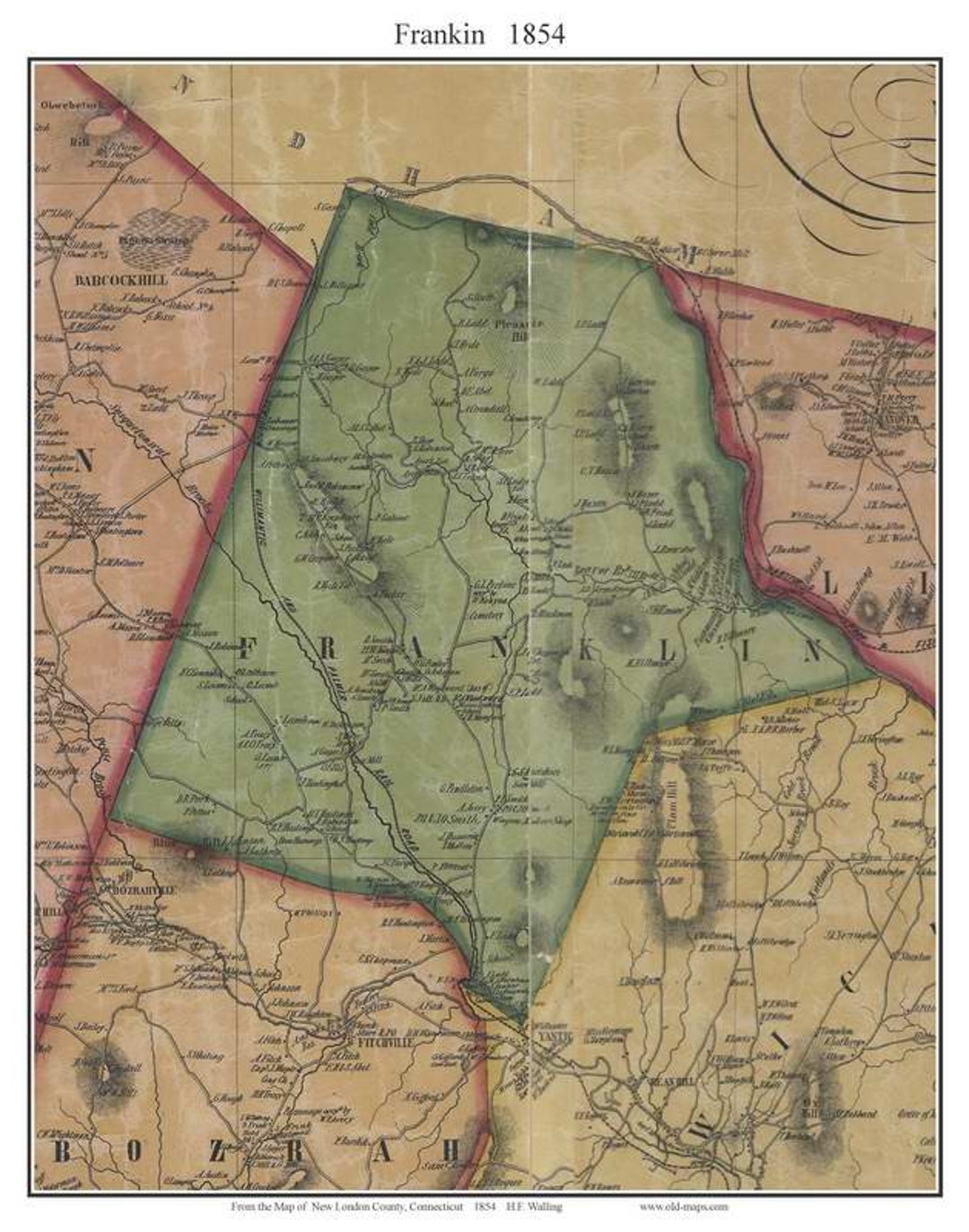 Franklin Connecticut 1854 Old Town Map With Homeowner Names - Reprint ...