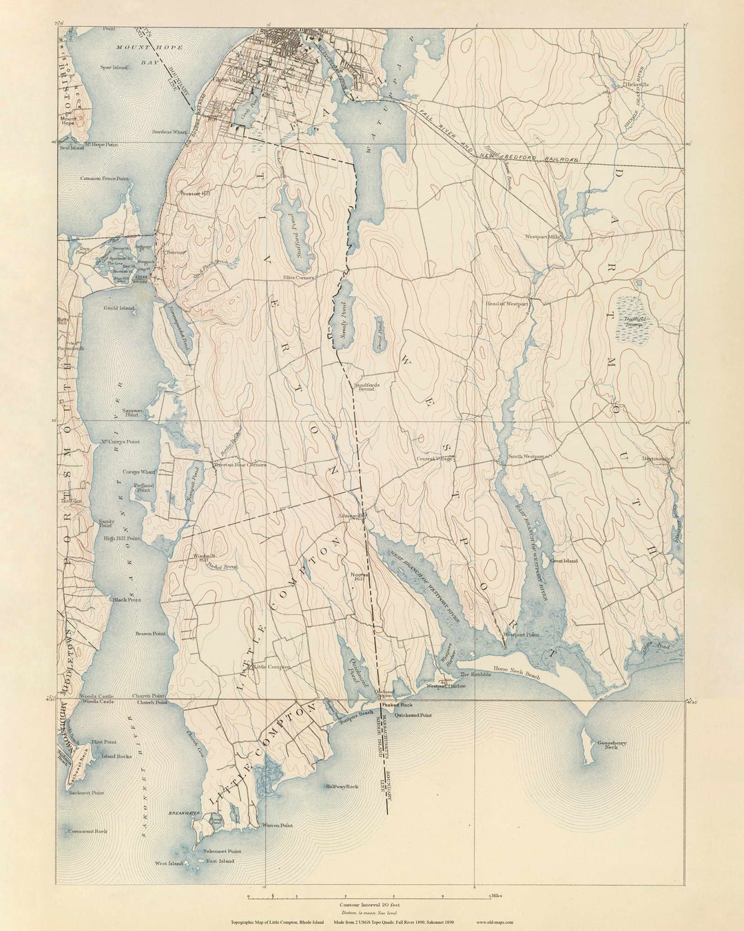 Little Compton 1890 - Old Topographic Map - Rhode Island USGS Custom ...