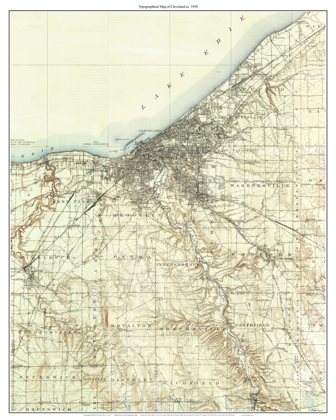 Cleveland 1939 Old Topographic Map USGS - Vertical - Custom Composite ...