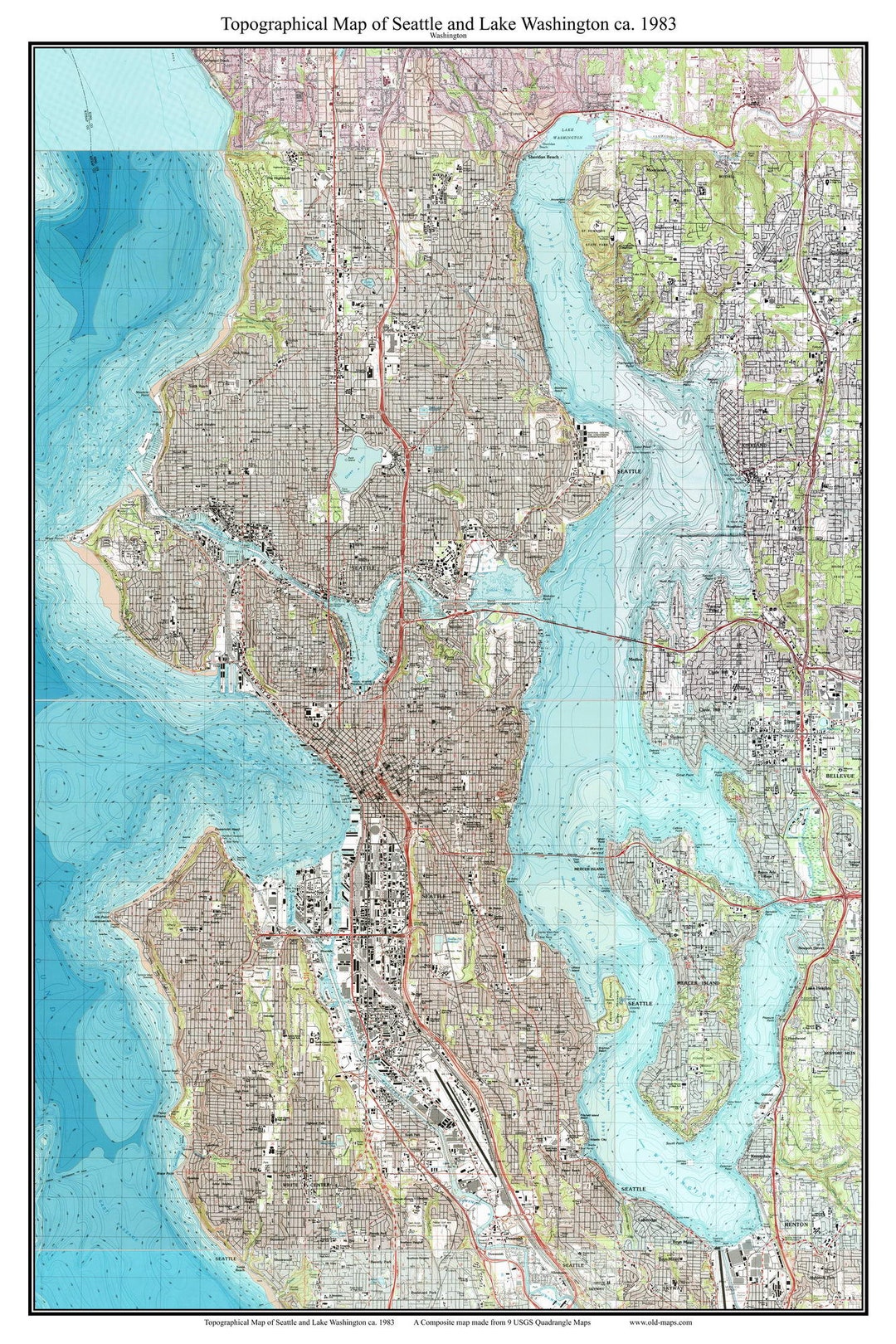 Seattle and Lake Washington 1983 USGS Old Topographic Map - Custom ...