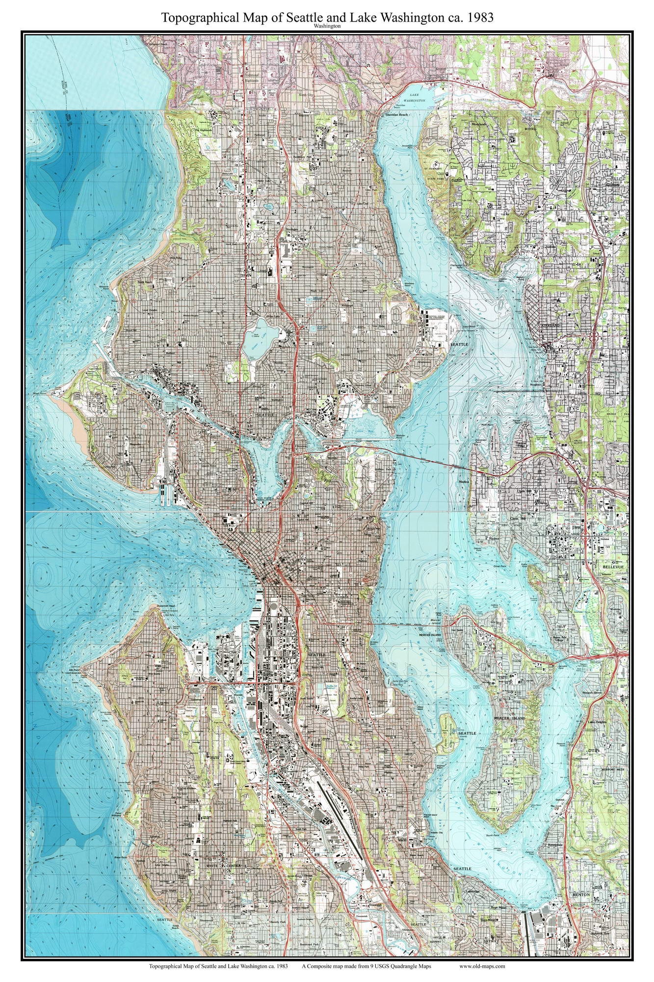 Seattle and Lake Washington 1983 USGS Old Topographic Map - Custom ...