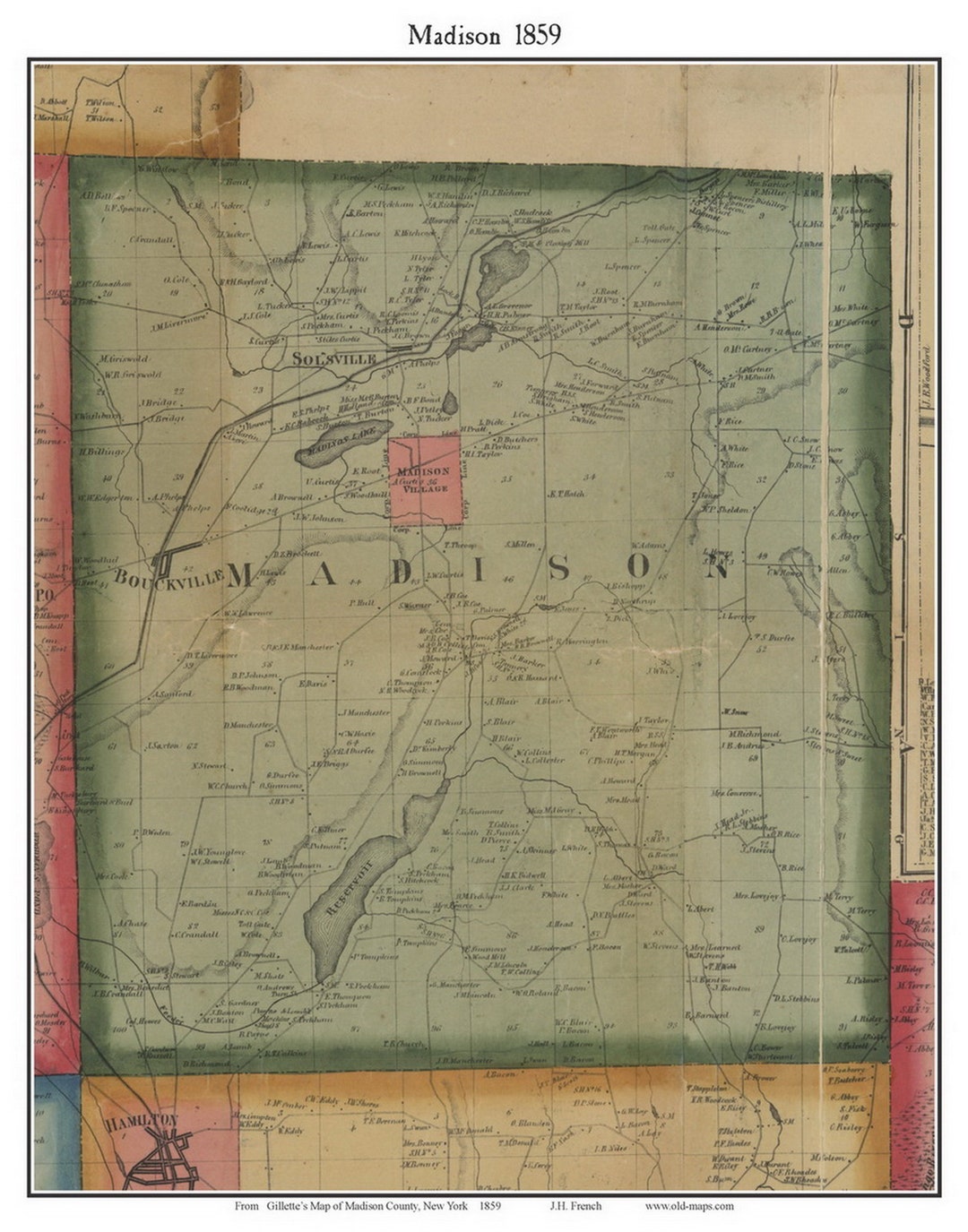 Madison 1859 Old Town Map With Homeowner Names New York - Reprint ...