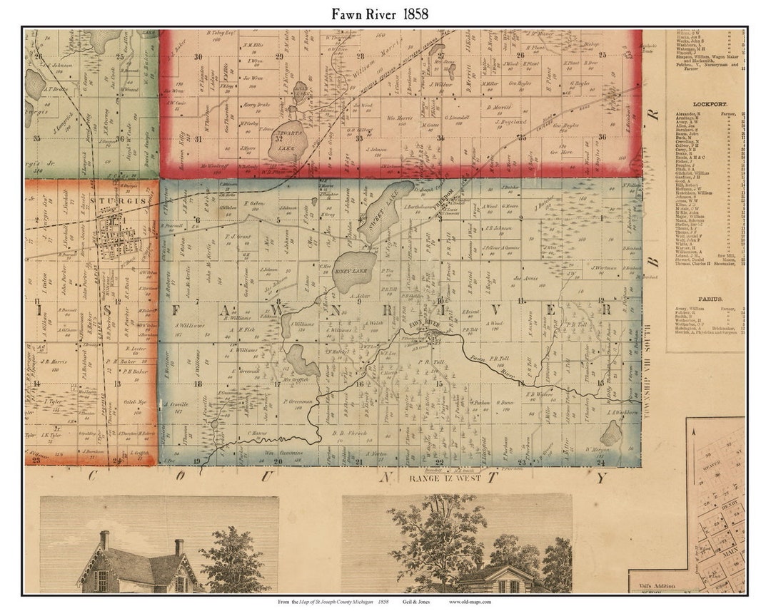 Fawn River 1858 Old Town Map With Homeowner Names - Michigan - Reprint ...