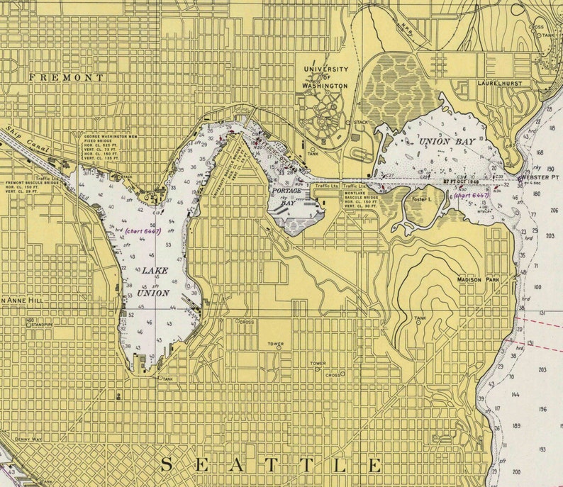 Seattle Harbor and Lake Washington 1948 Nautical Map, Washington ...