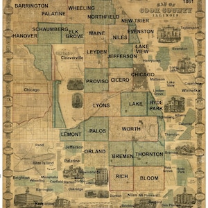 Cook County Illinois 1861 - Old Wall Map Reprint With Homeowner Names ...