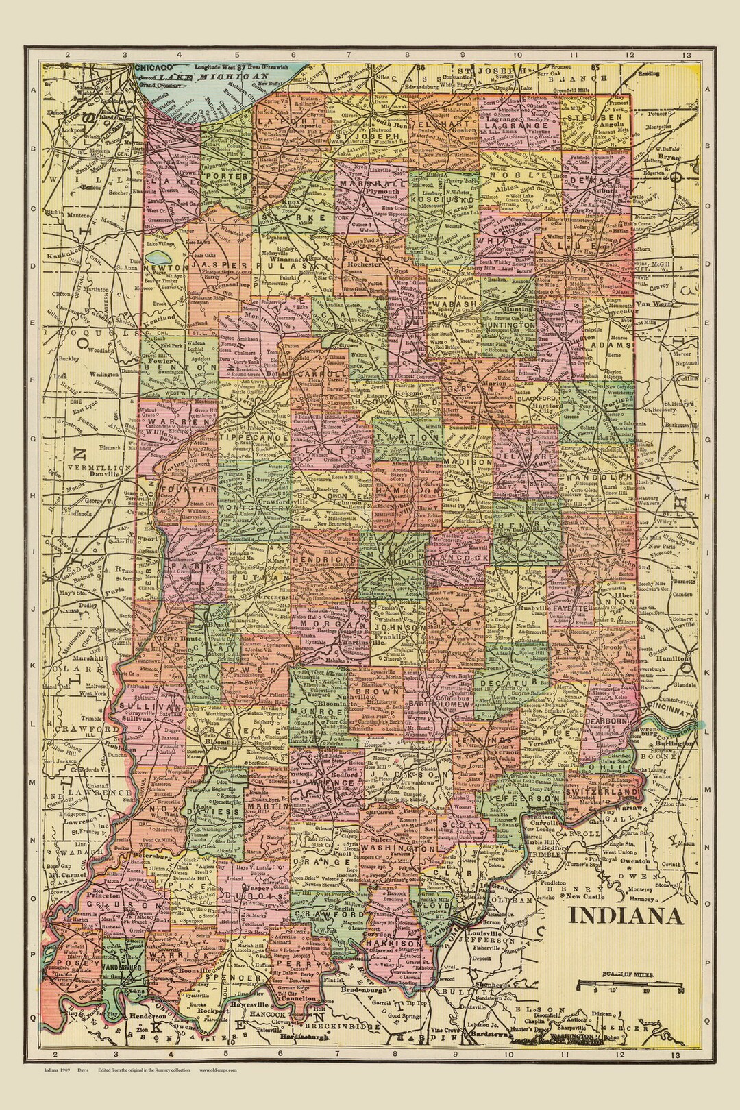 Indiana 1909 Old State Map Davis Reprint - Etsy