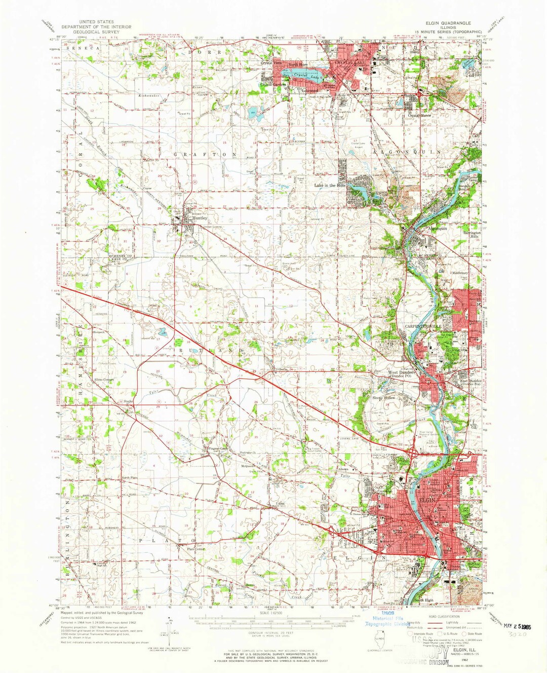 Elgin 1962 1965 Old Topo Map Crystal Lake Algonquin Lake in the Hills ...