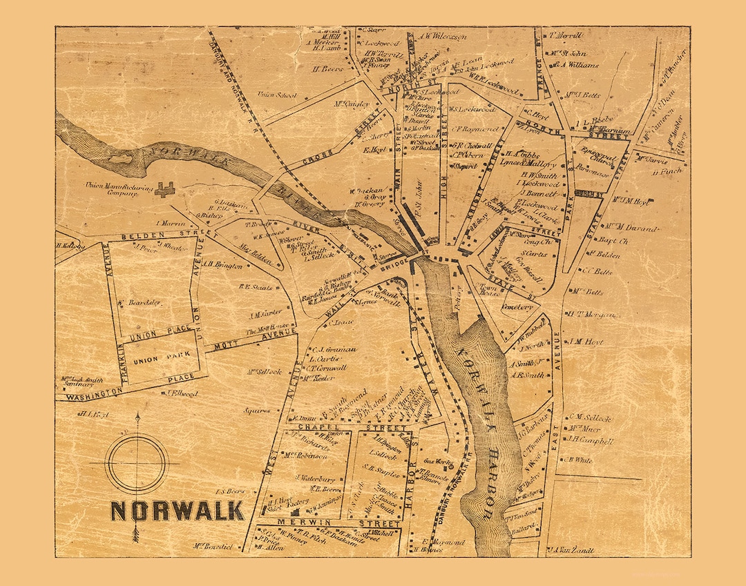 Norwalk Connecticut 1858 Old Town Map With Homeowner Names - Reprint ...