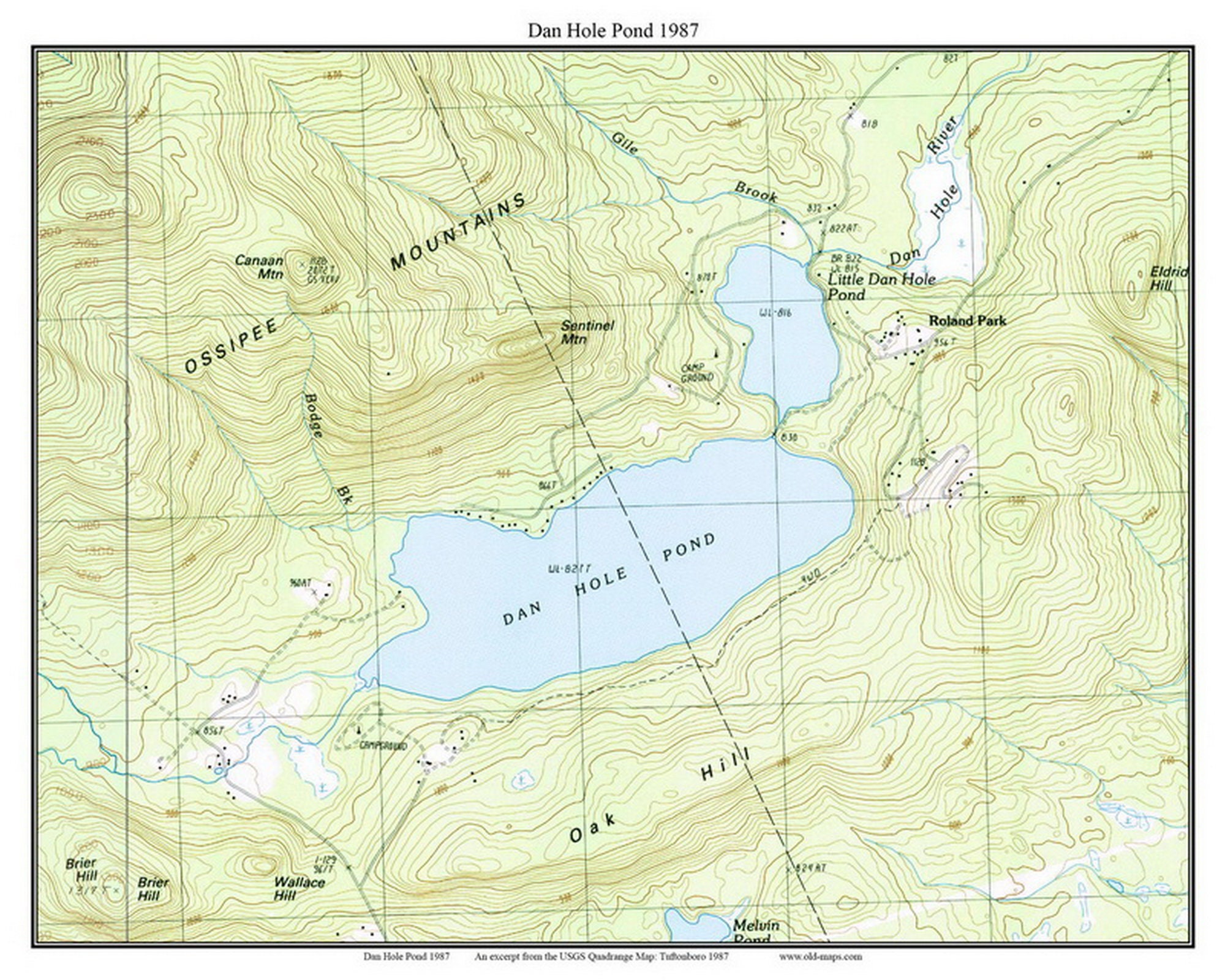 Dan Hole Pond - 1987 Old Topographic Map Roland Park Ossipee USGS ...