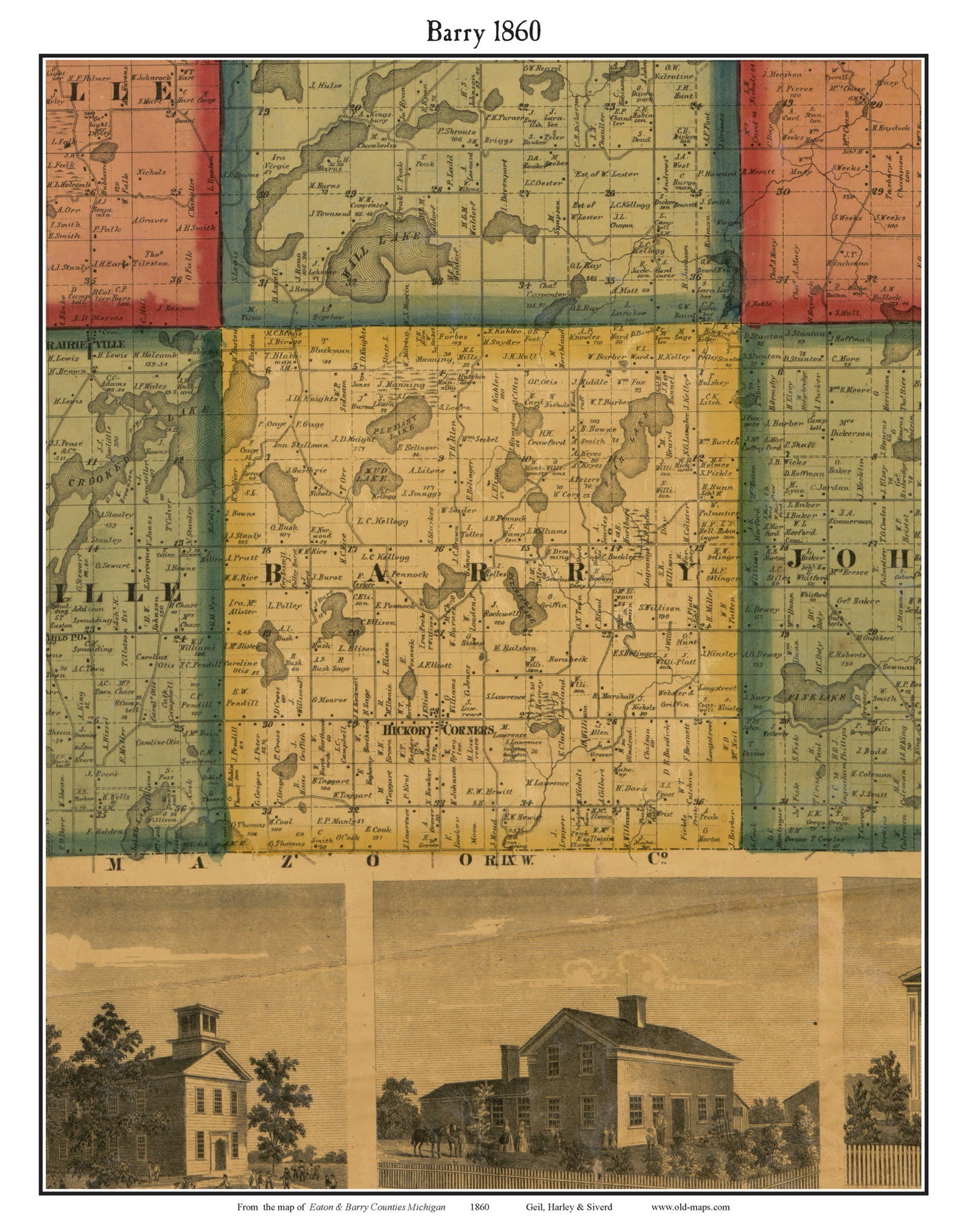 Barry 1860 Old Town Map With Homeowner Names - Mud Lake - Pleasant Lake ...