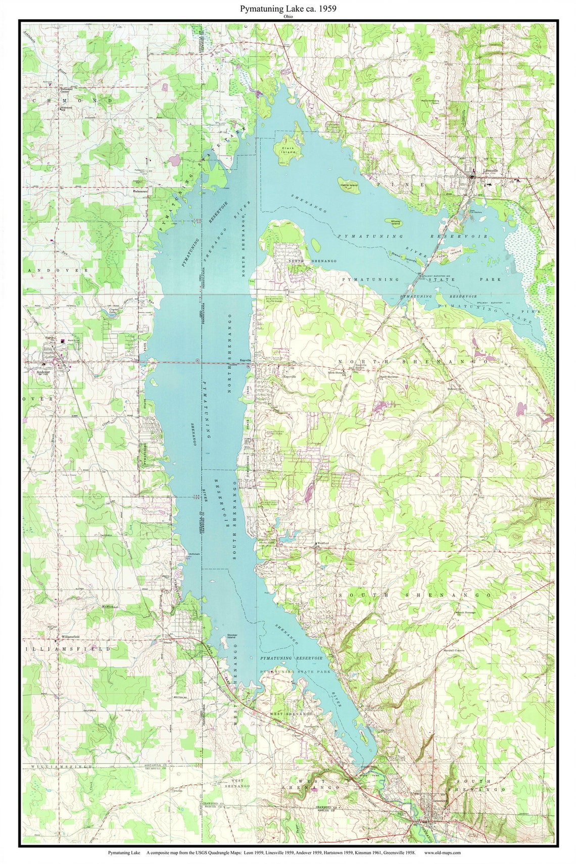 Pymatuning Lake 1959 Old Topographic Map USGS Jamestown Andover ...